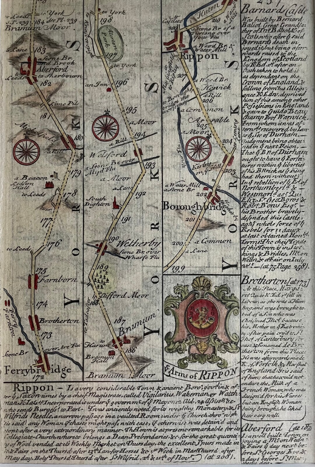 Antique Road Map, Ferrybridge to Ripon, Yorkshire, 1720 Owen & Bowen - Etsy