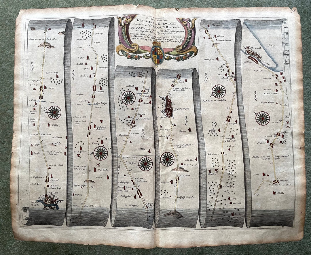 John Ogilby Strip Ribbon Road Map From Kings Lynn to Norwich and on to ...
