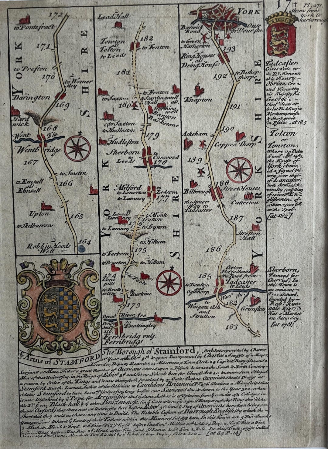 Antique Yorkshire Road Map, Wentbridge to North Allerton, 1751 Owen ...