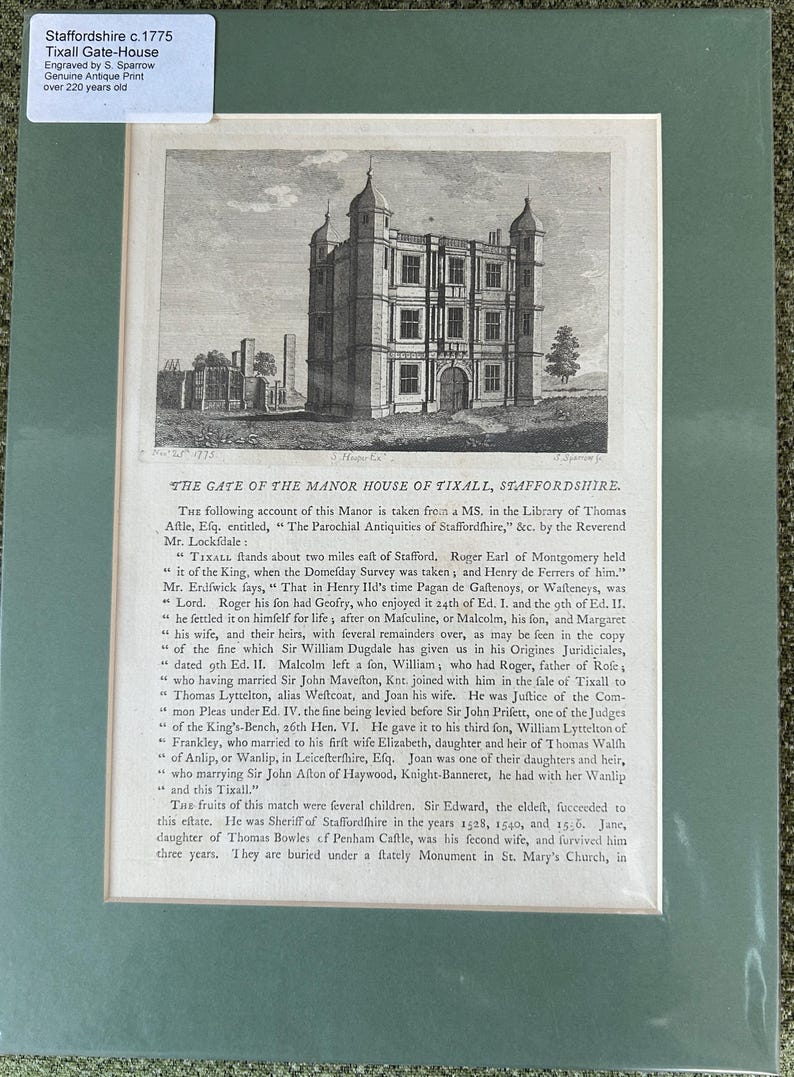 Tixall Gate-house, Staffordshire Original Antique Vintage Engraving ...