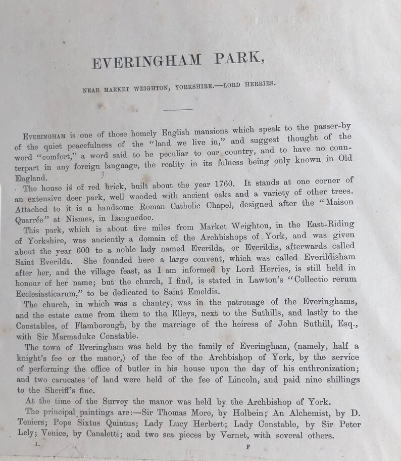 Everingham Park, Yorkshire, Original Antique Vintage Print Dating From ...