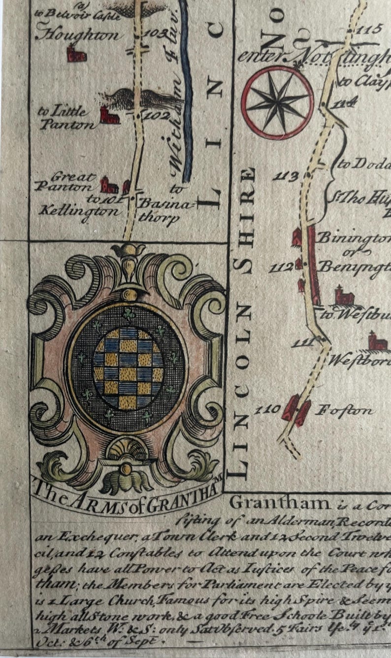 Antique Road Map, Grantham to Doncaster, Lincolnshire Owen & Bowen ...
