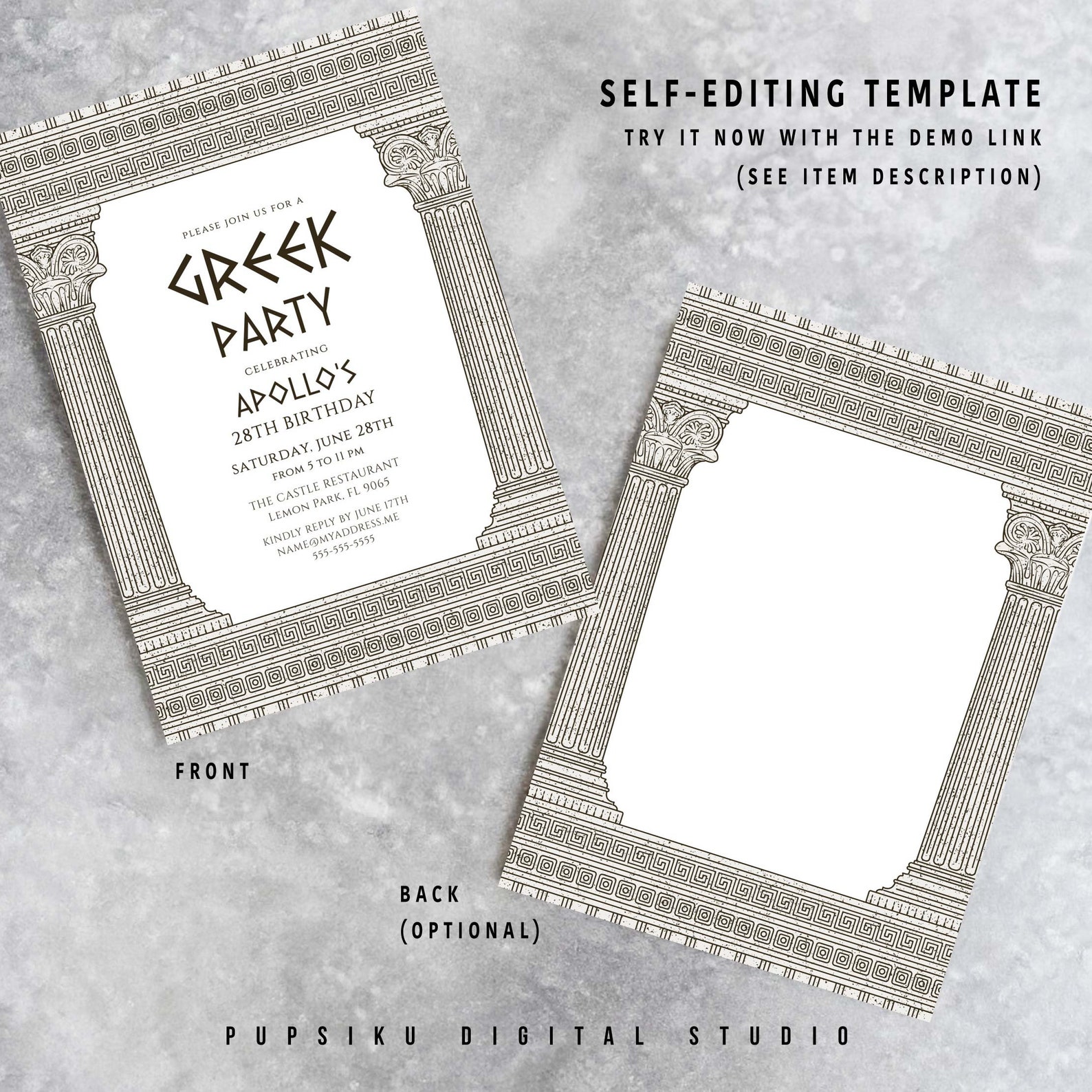 Greek Toga Party Invitation: Temple Columns, Custom Colors Editable 5x7 ...