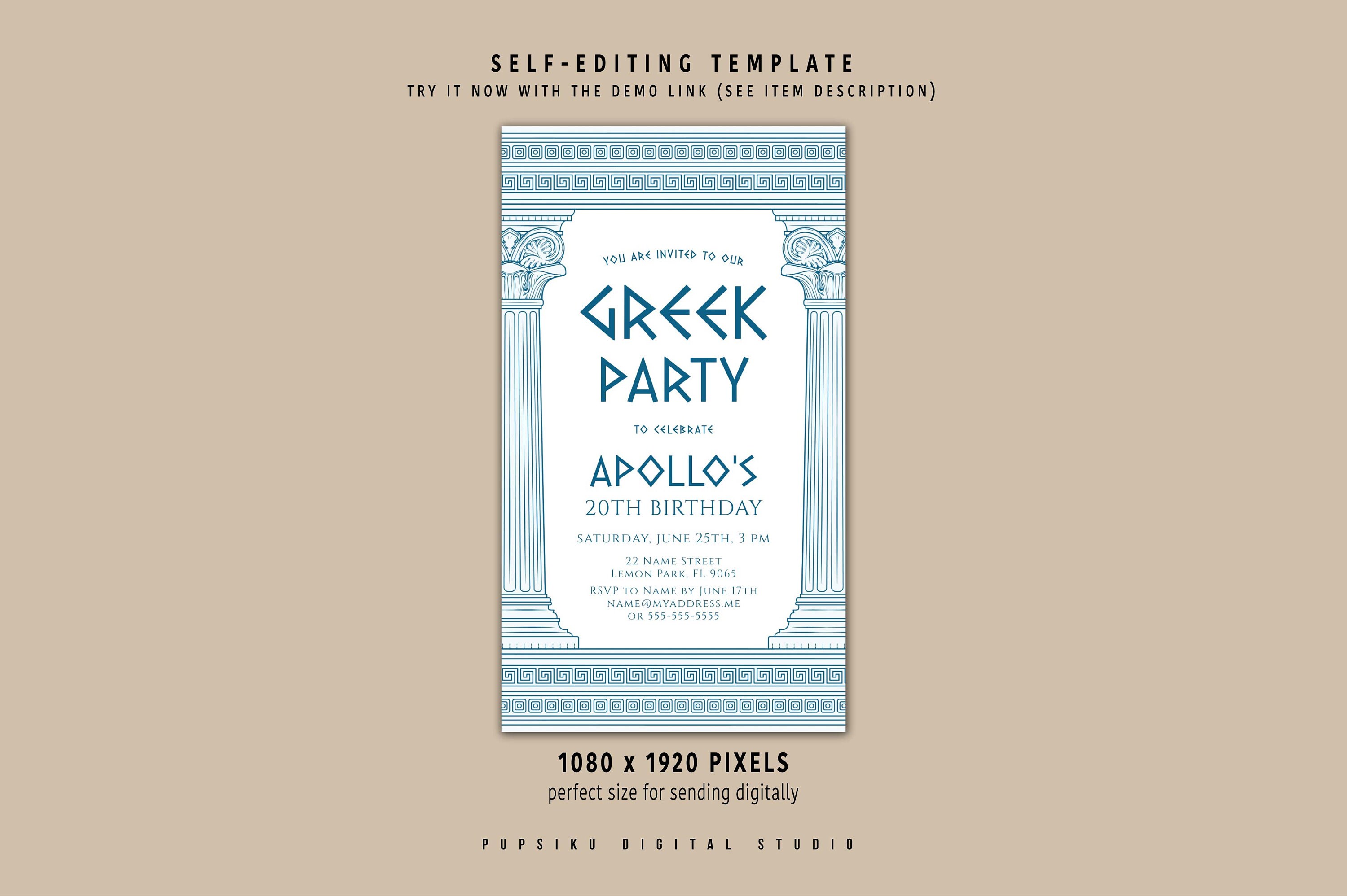 Greek Party Invitation in Blue, 1080x1920px Editable Greece or Rome ...