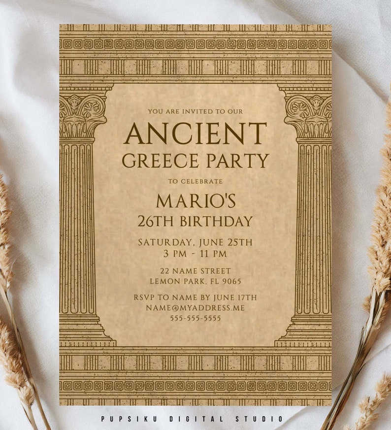 Ancient Greece Birthday Party Invitation: Editable Temple Columns ...