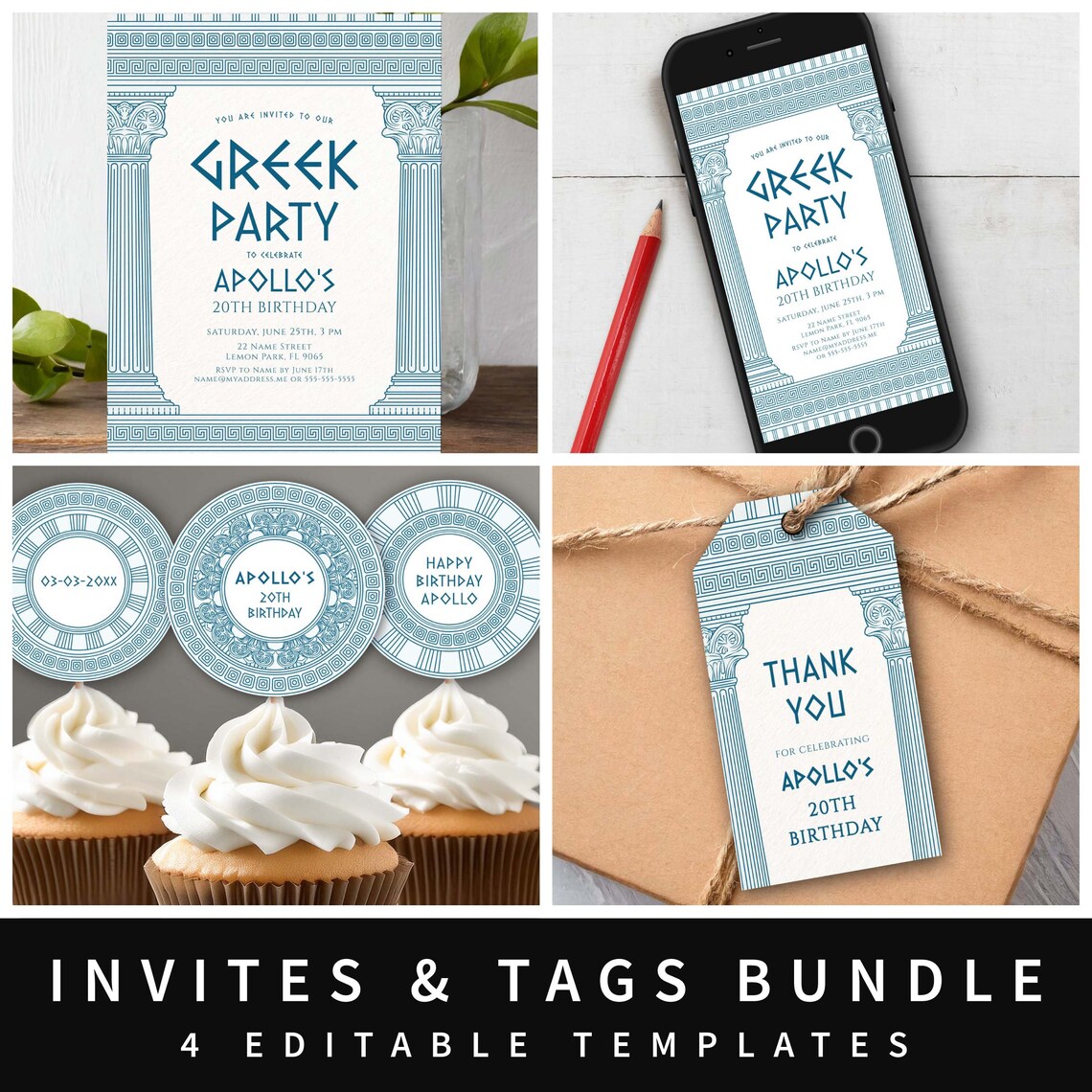 Greek Party Invites & Tags Bundle With CUSTOM COLORS, 4 X Editable ...