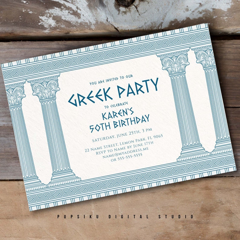 CUSTOM COLORS Greek Party Invitation, 7x5 Editable Card With Temple ...