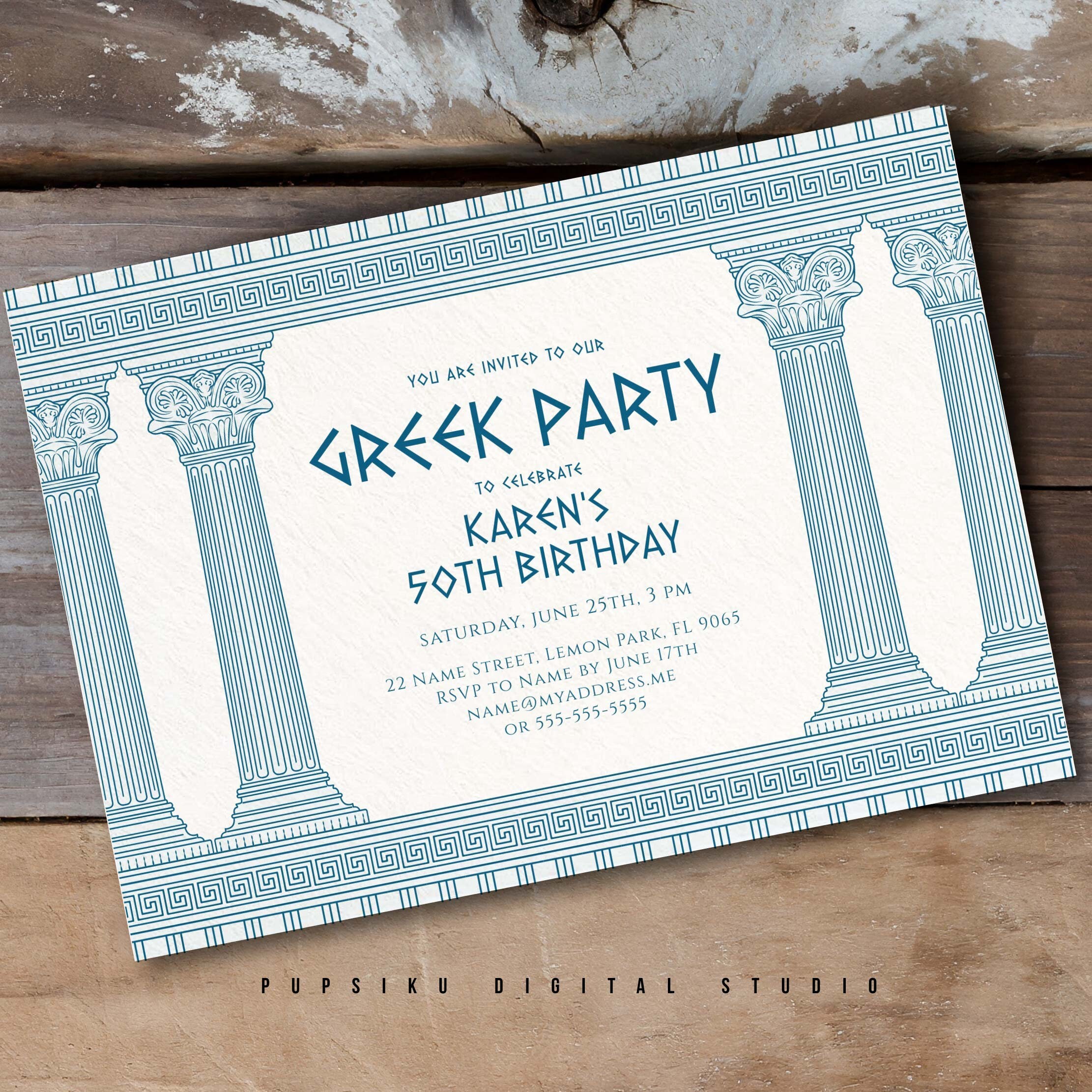 CUSTOM COLORS Greek Party Invitation, 7x5 Editable Card With Temple ...