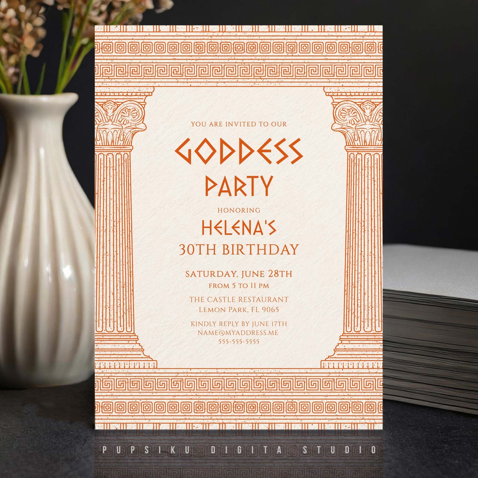 Goddess Party CUSTOM COLORS Invitation, 5x7 Editable Card, Temple ...