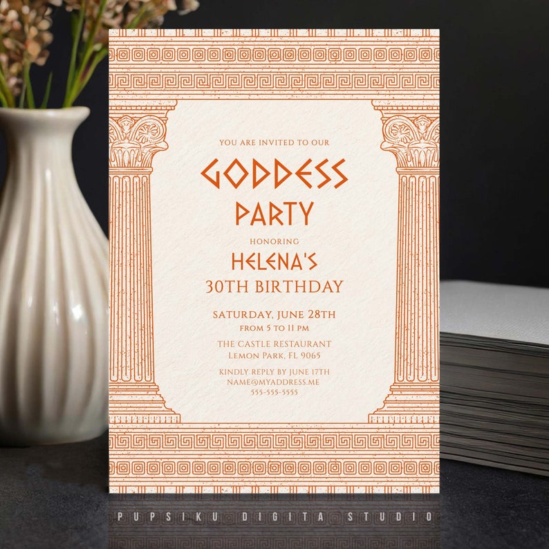 Goddess Party CUSTOM COLORS Invitation, 5x7 Editable Card, Temple ...