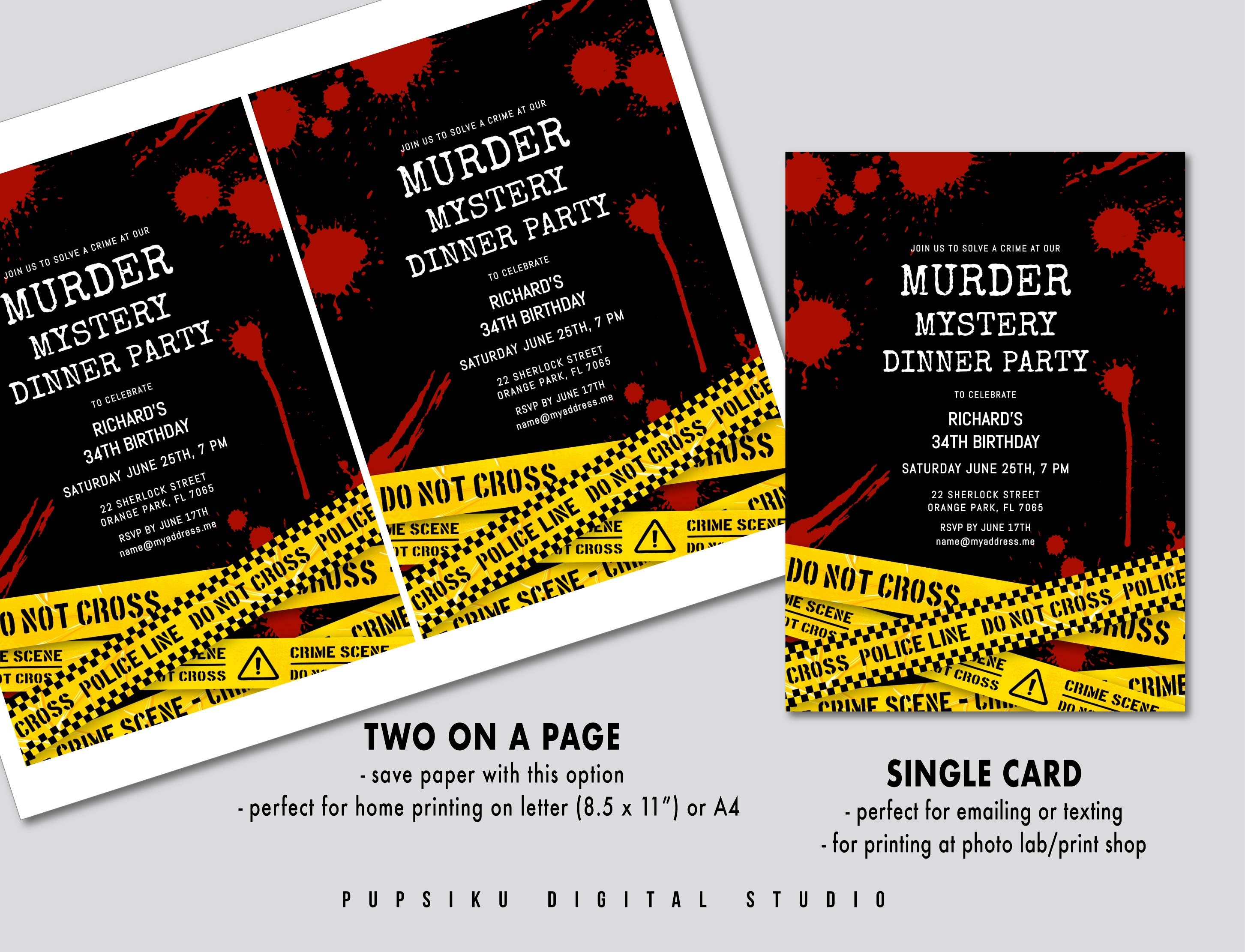 Murder Mystery Dinner Party Invitation, Detective Police Crime Scene ...
