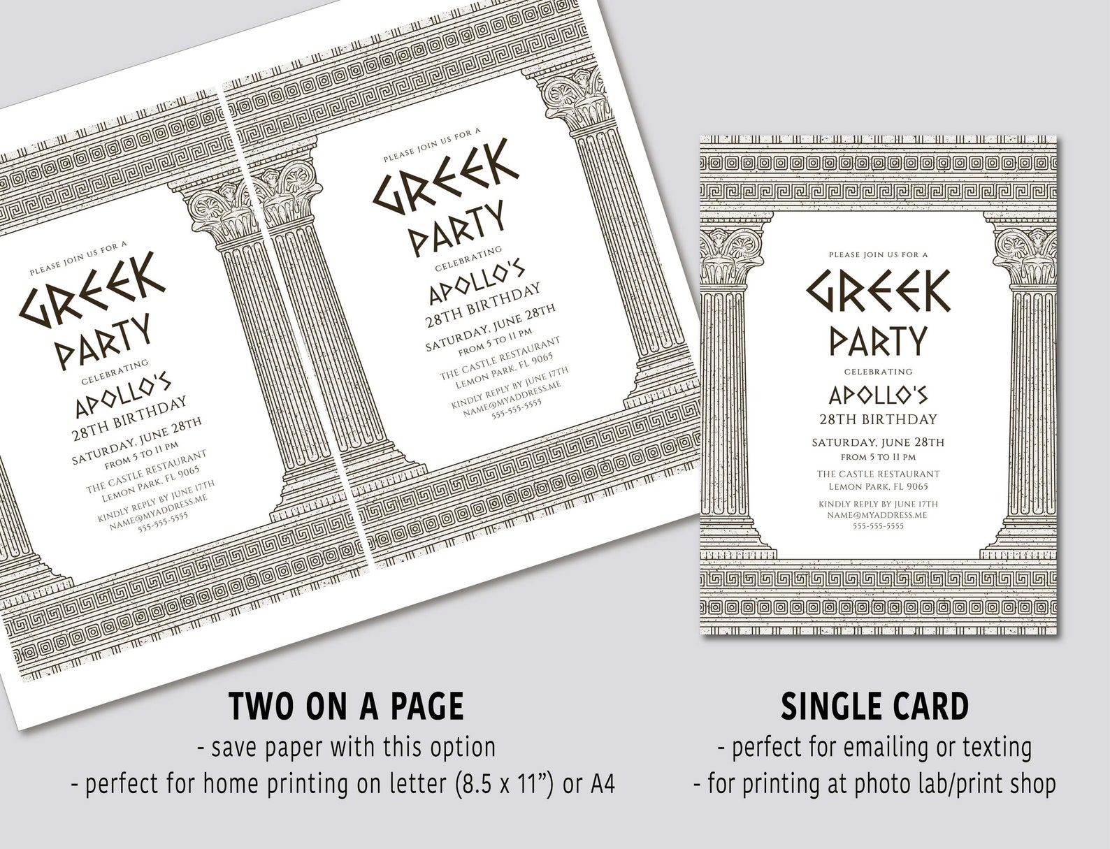 Greek Toga Party Invitation: Temple Columns, Custom Colors Editable 5x7 ...