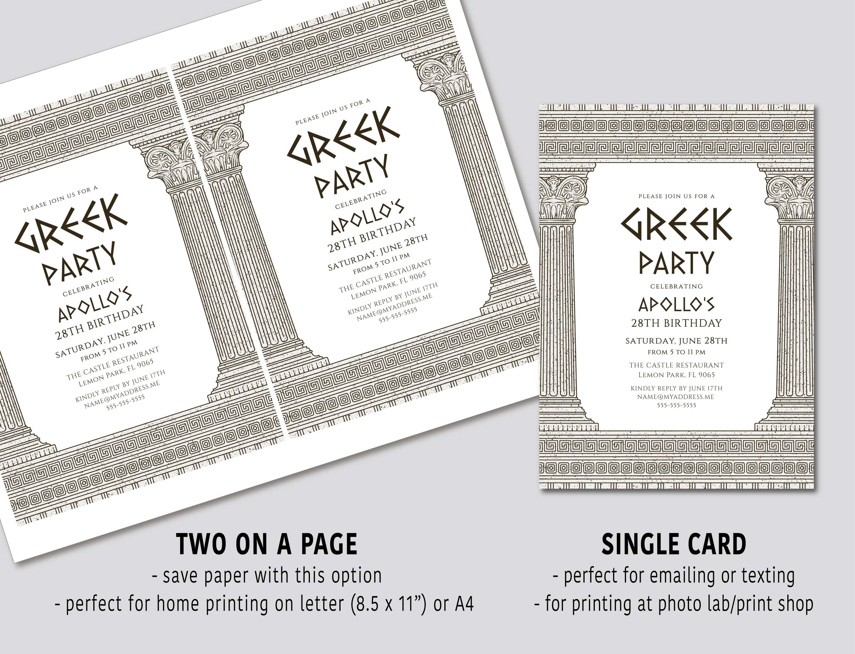 Greek Toga Party Invitation: Temple Columns, Custom Colors Editable 5x7 ...