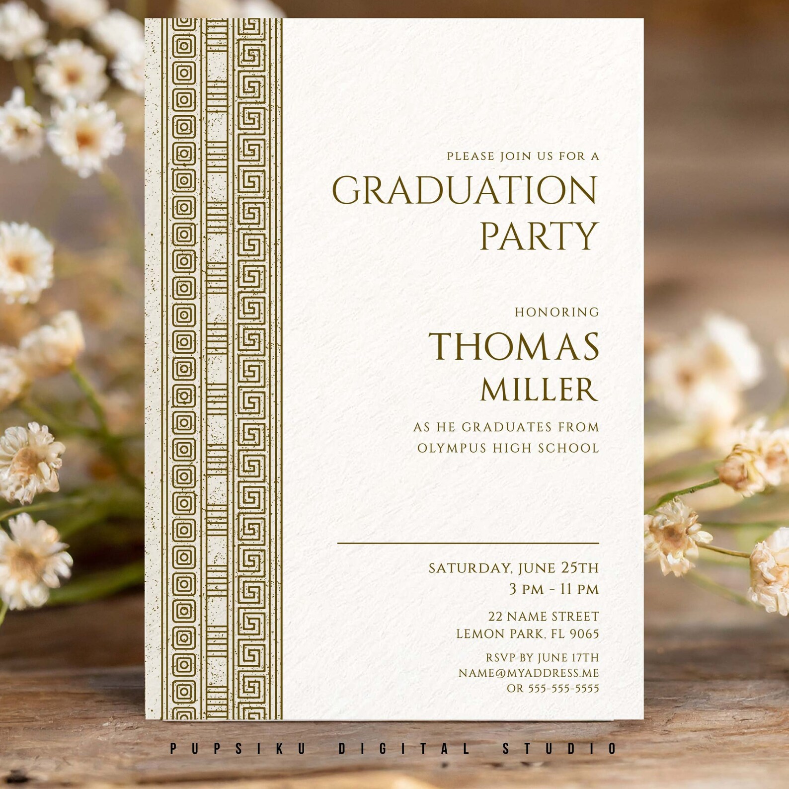 Elegant Graduation Party Invitation With Greek Key, 5x7 Editable Card ...