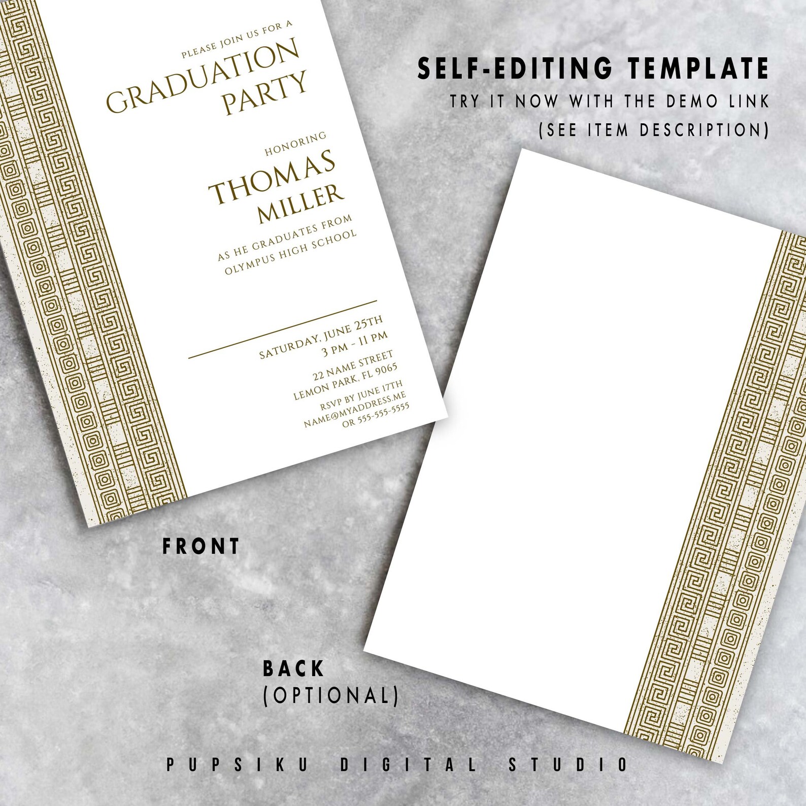 Elegant Graduation Party Invitation With Greek Key, 5x7 Editable Card ...