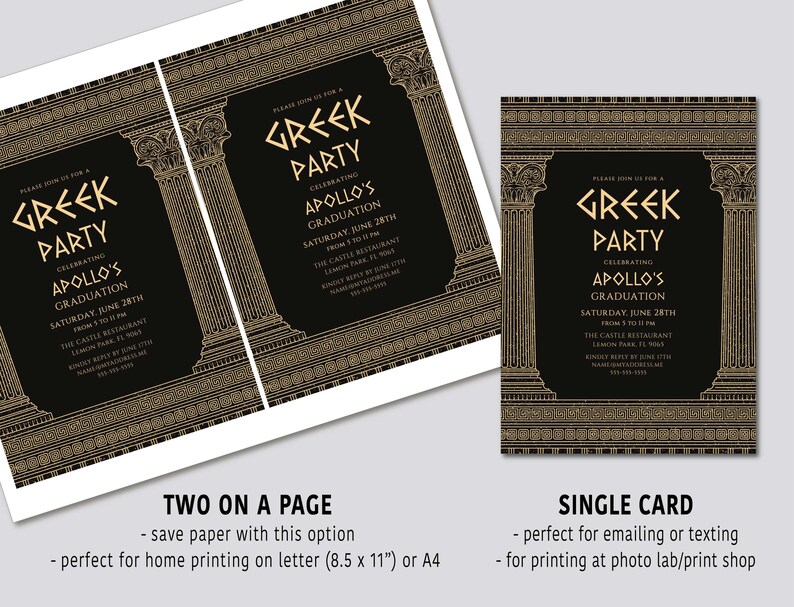 Greek Party Invitation With Dark Background, CUSTOMISE ALL COLORS ...