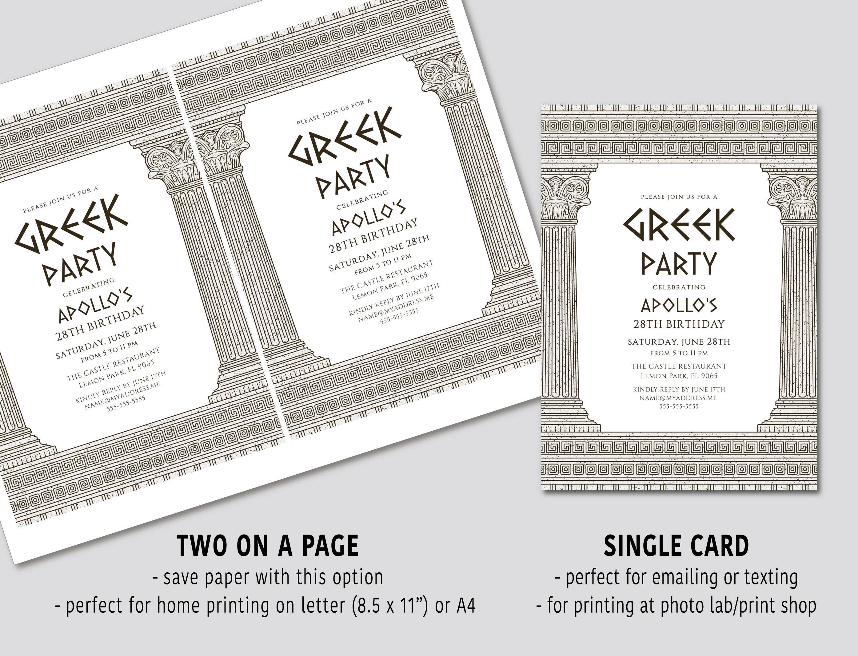 CUSTOM COLORS Greek Party Invitation, 5x7 Editable Card With Elegant ...