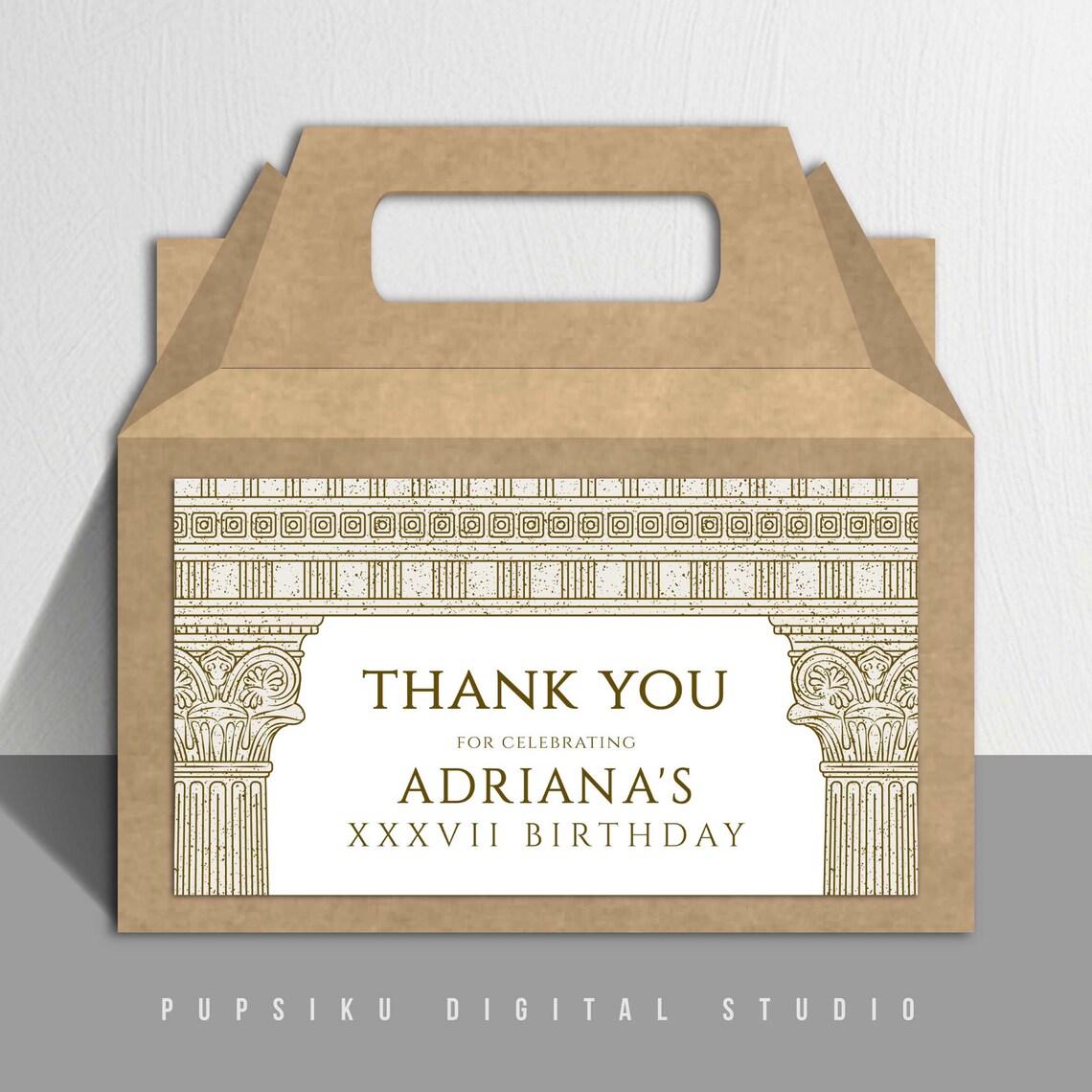 Roman Party Favor Box Label With Temple Pillars, Editable Gable Gift ...