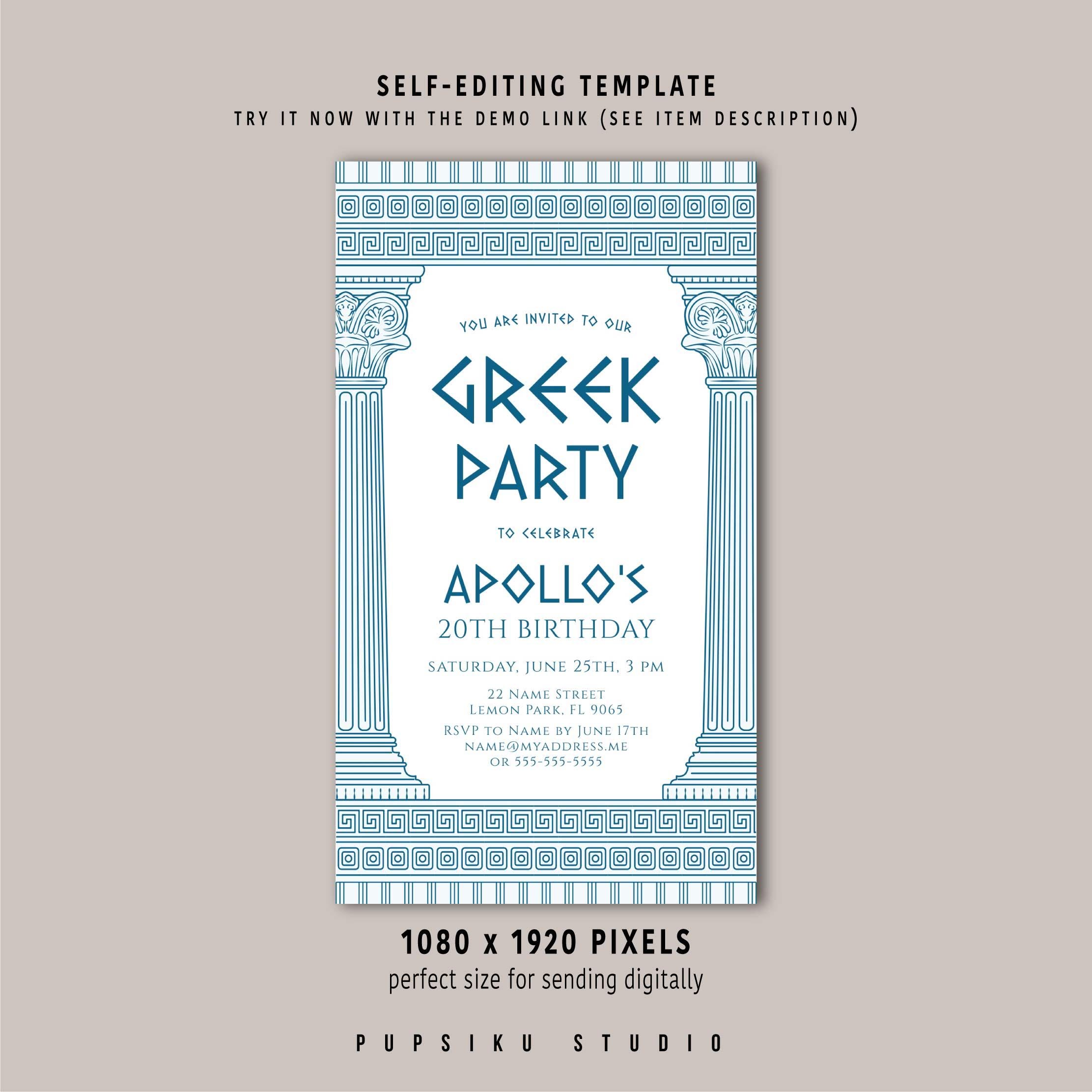 Greek Party: 5x7 Invitation Card + Electronic Invite, Editable Template ...