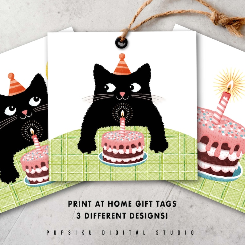 Cat Birthday Party PRINTABLE Gift Tags With Cake and Party Balloons ...