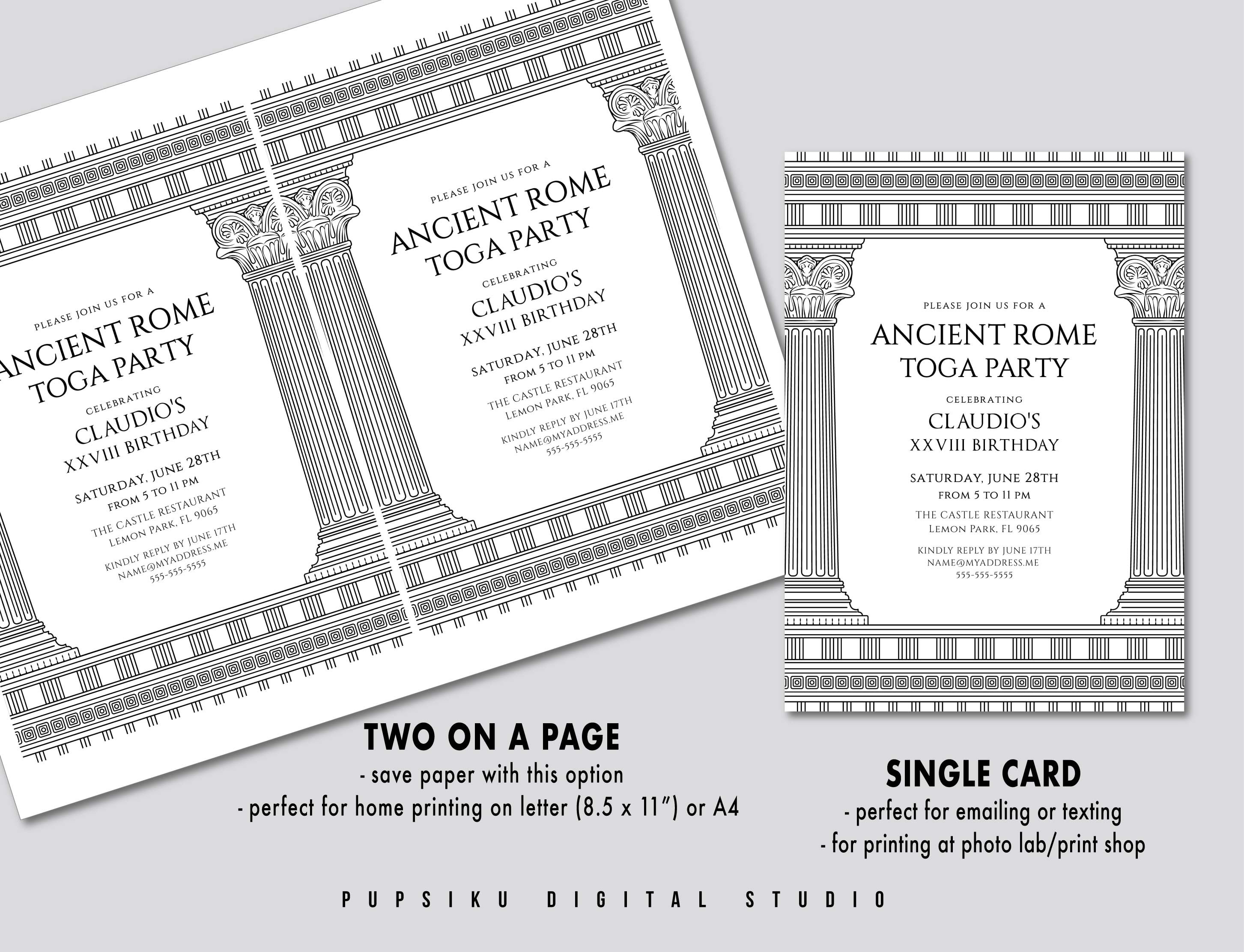 CUSTOM COLORS Roman Party Invitation, 5x7 Editable Template With ...