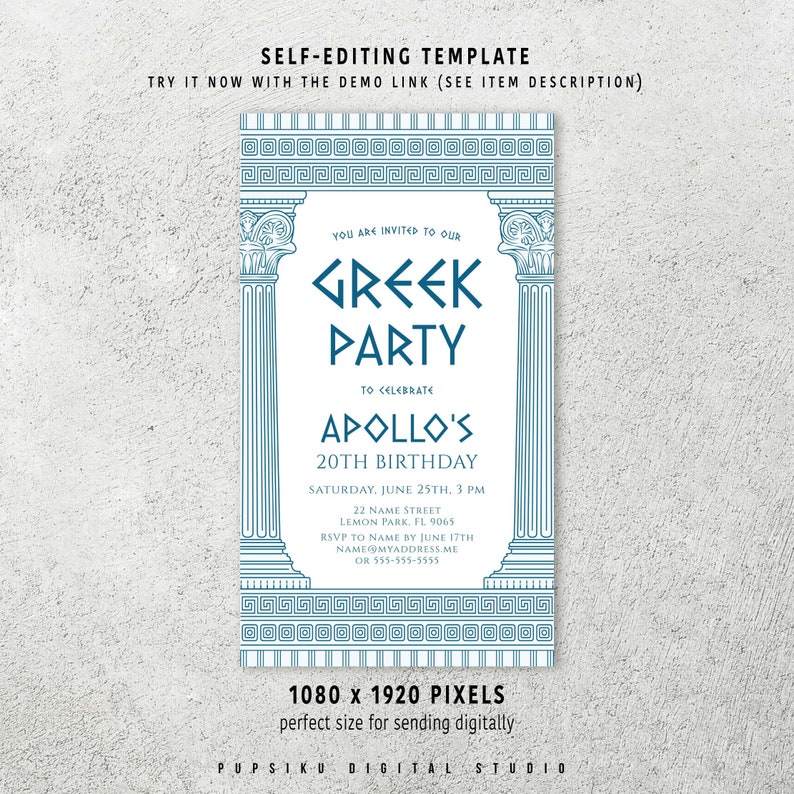Greek Party Invitation CUSTOM COLORS, 1080x1920px Editable Greece or ...