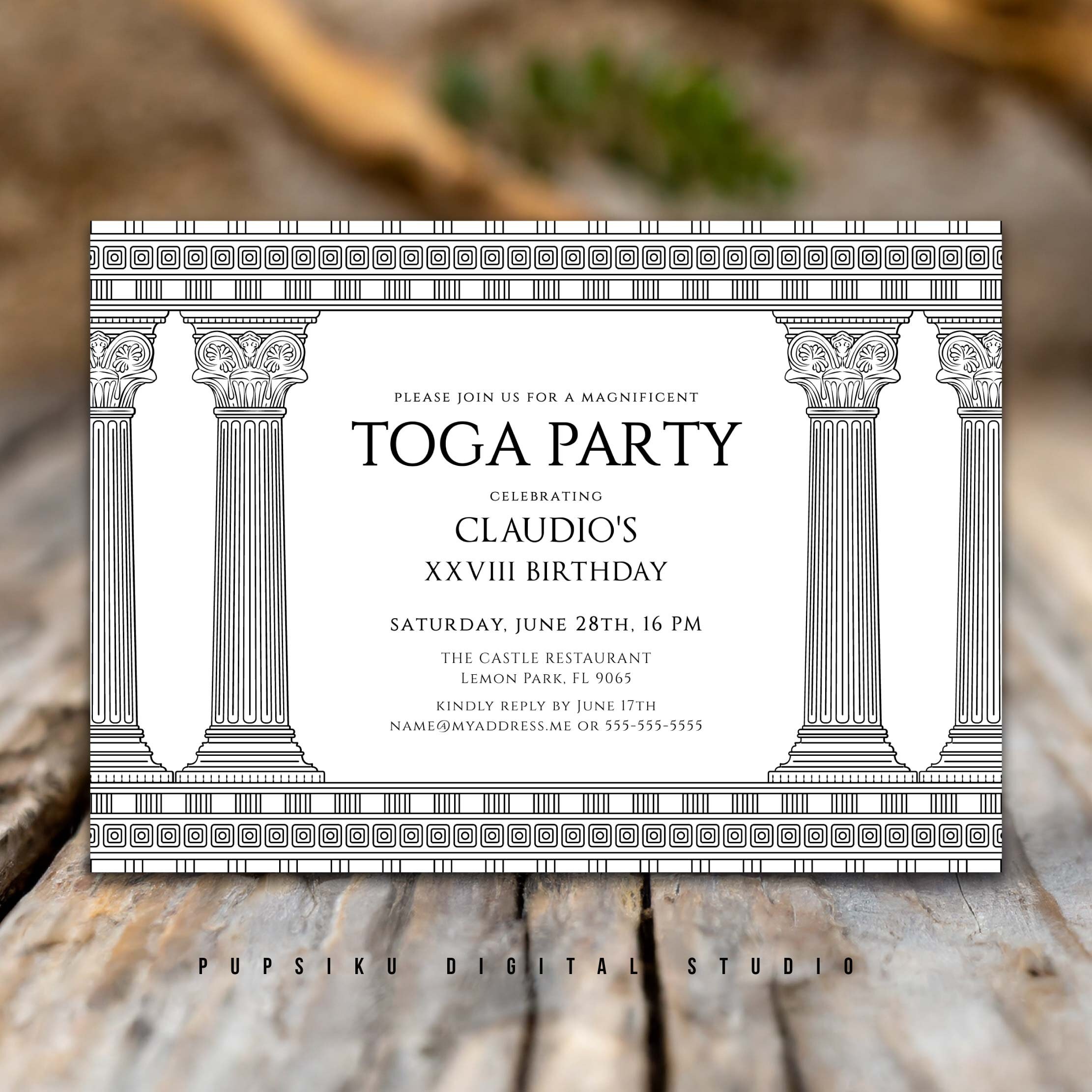 CUSTOM COLORS Roman Party Invitation With Temple Columns, 7x5 Editable ...