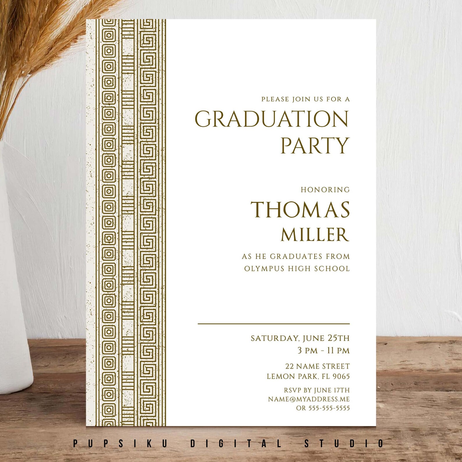 Elegant Graduation Party Invitation With Greek Key, 5x7 Editable Card ...