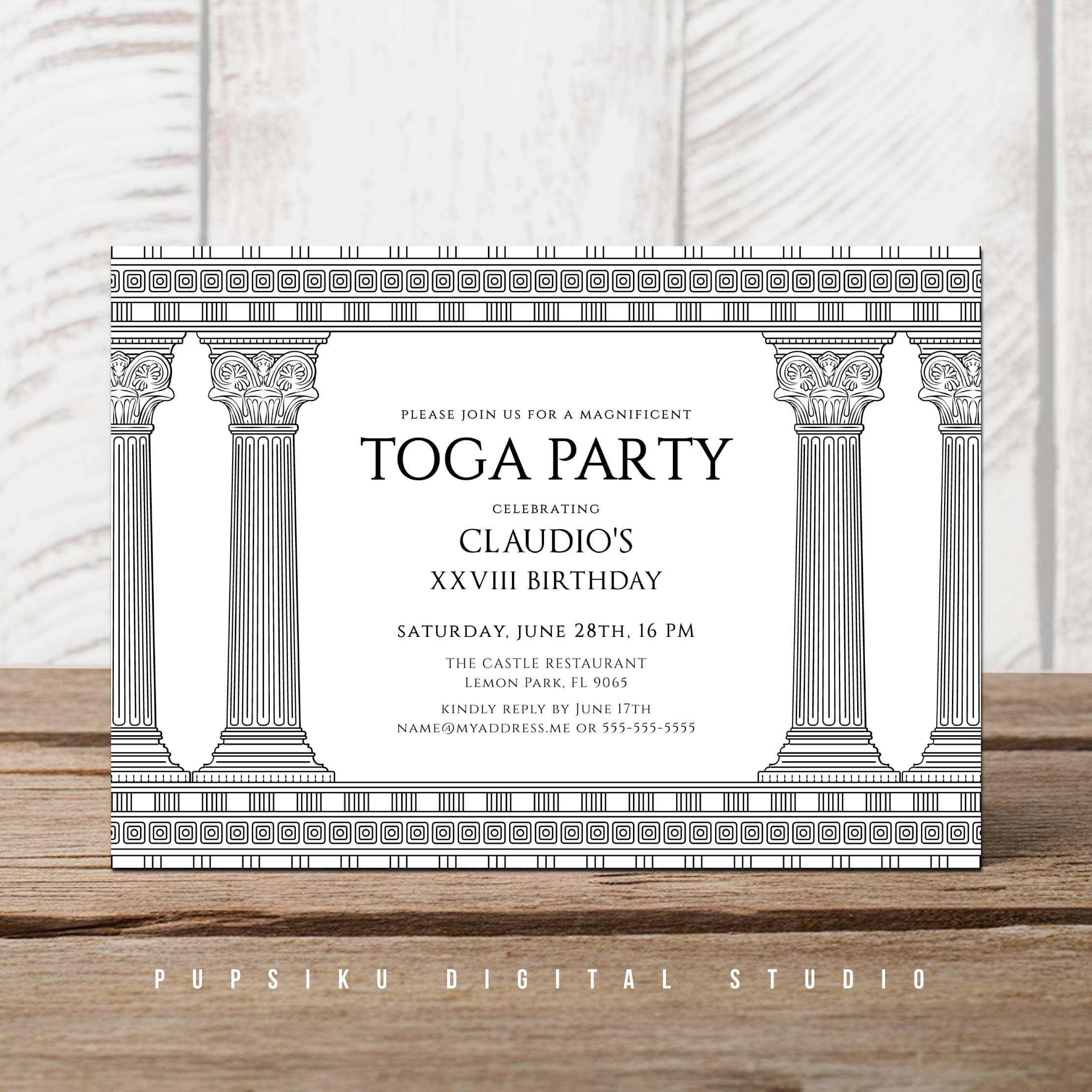 CUSTOM COLORS Roman Party Invitation With Temple Columns, 7x5 Editable ...