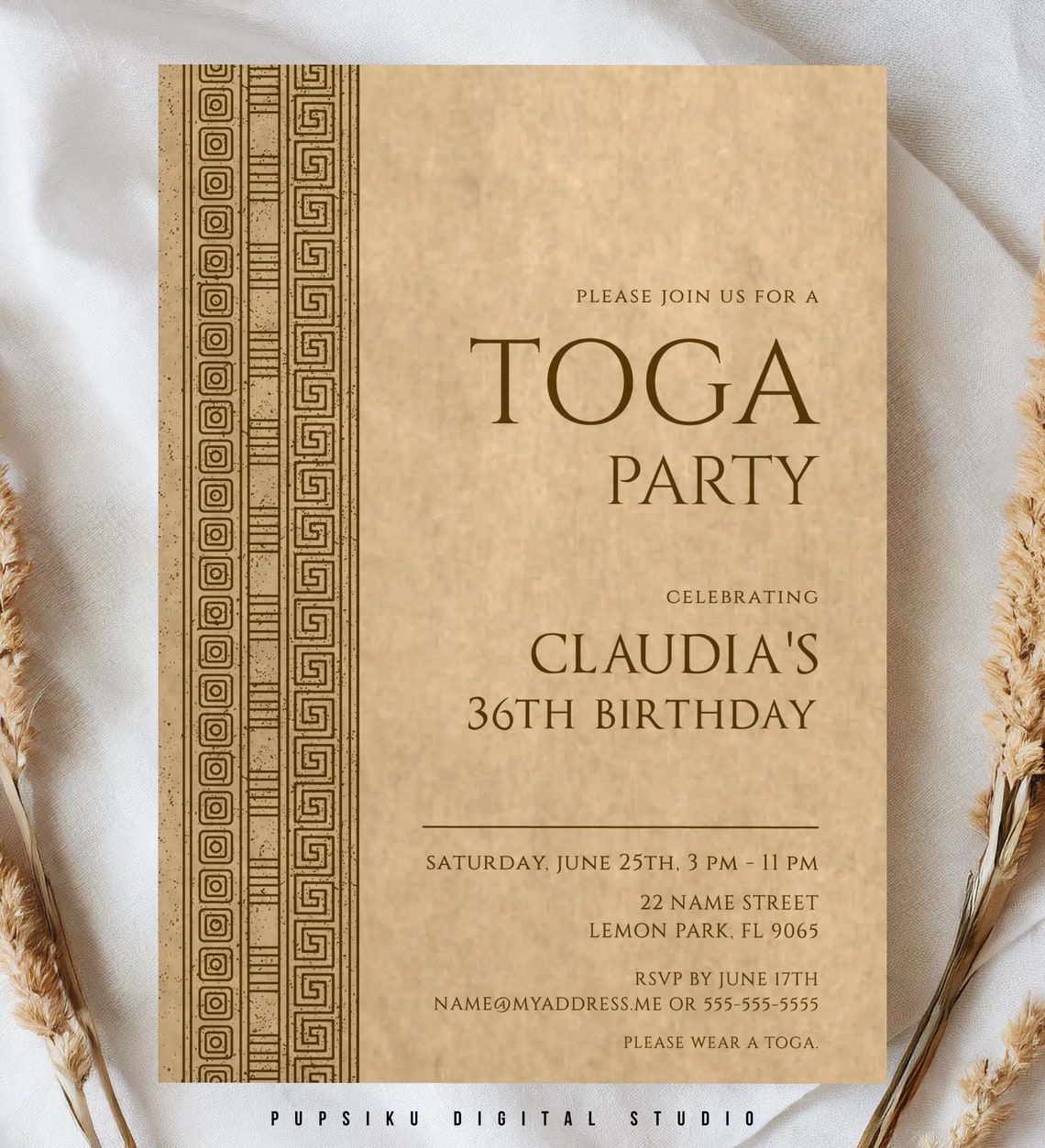 Toga Birthday Party Invitation With Greek Key, 5x7 Editable Card ...