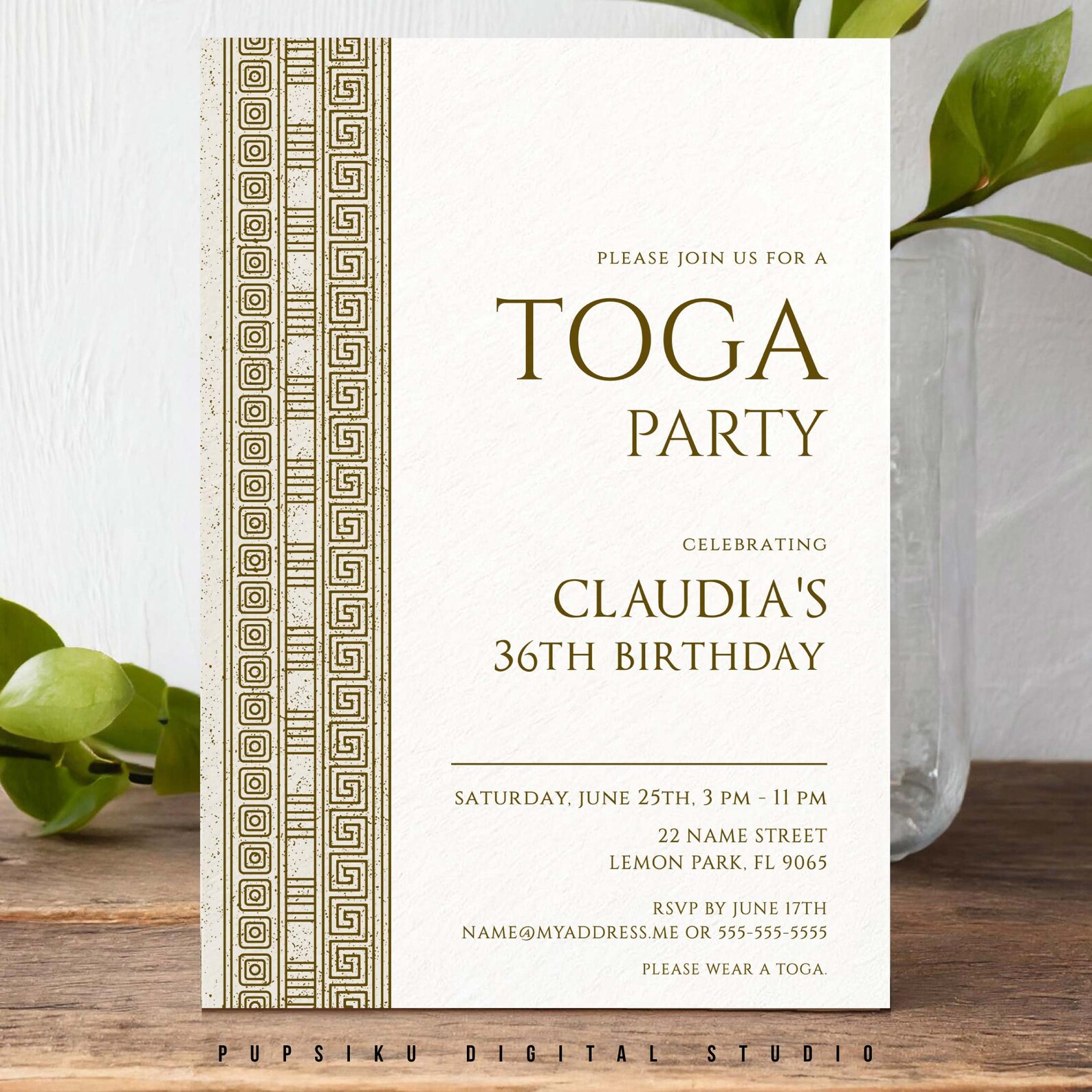 Toga Birthday Party Invitation With Greek Key, 5x7 Editable Card ...