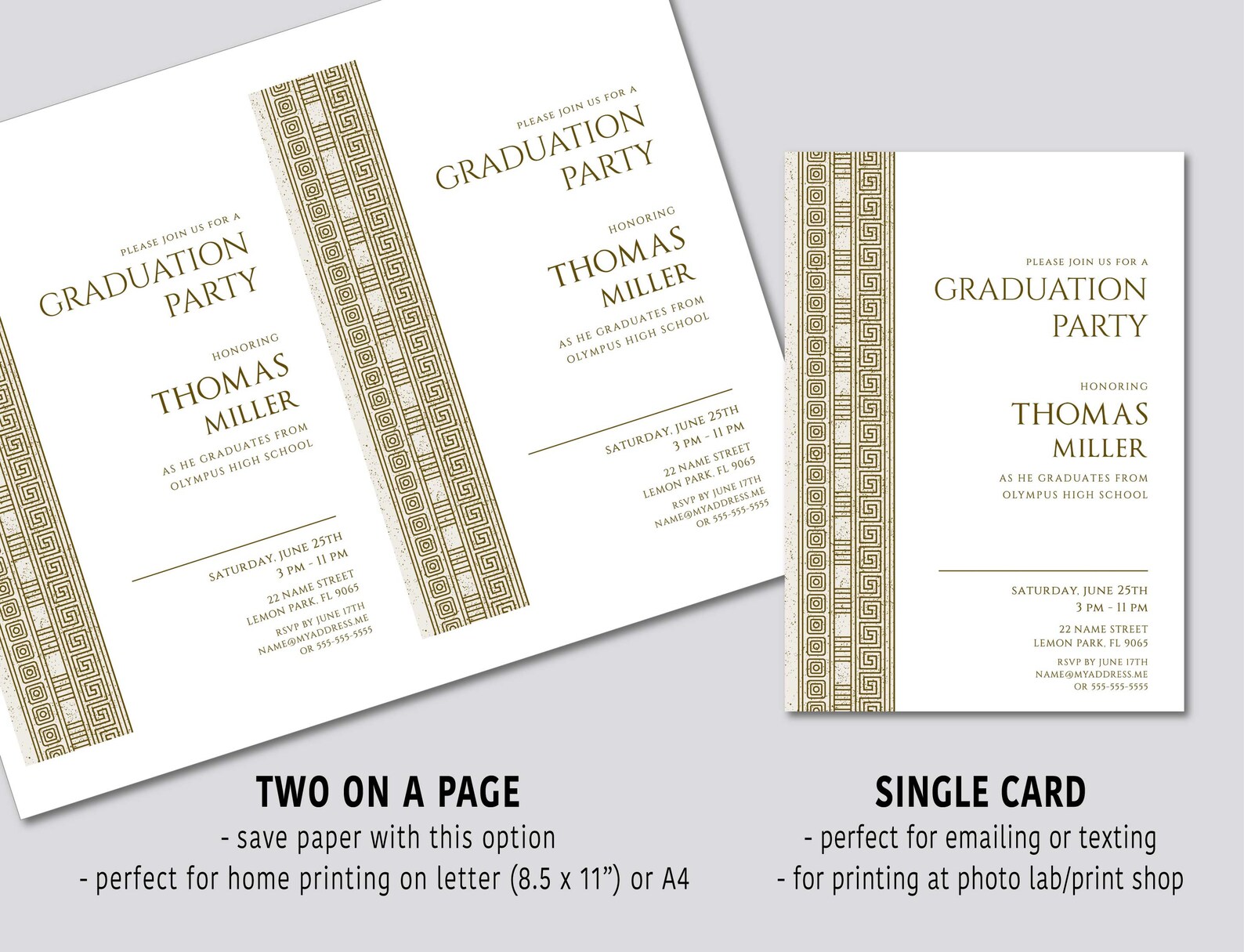 Elegant Graduation Party Invitation With Greek Key, 5x7 Editable Card ...
