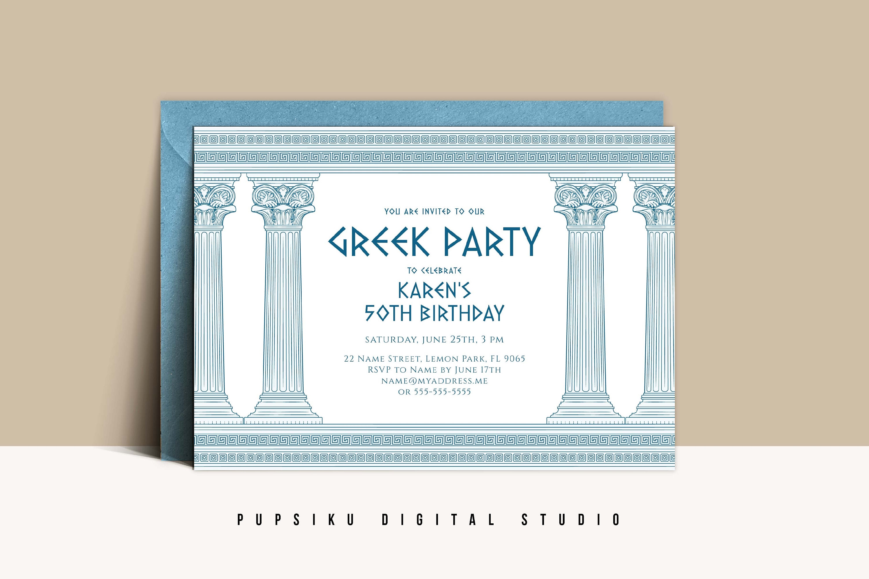 Greek Party Invitation in Blue, 7x5 Editable File, Stone Columns ...