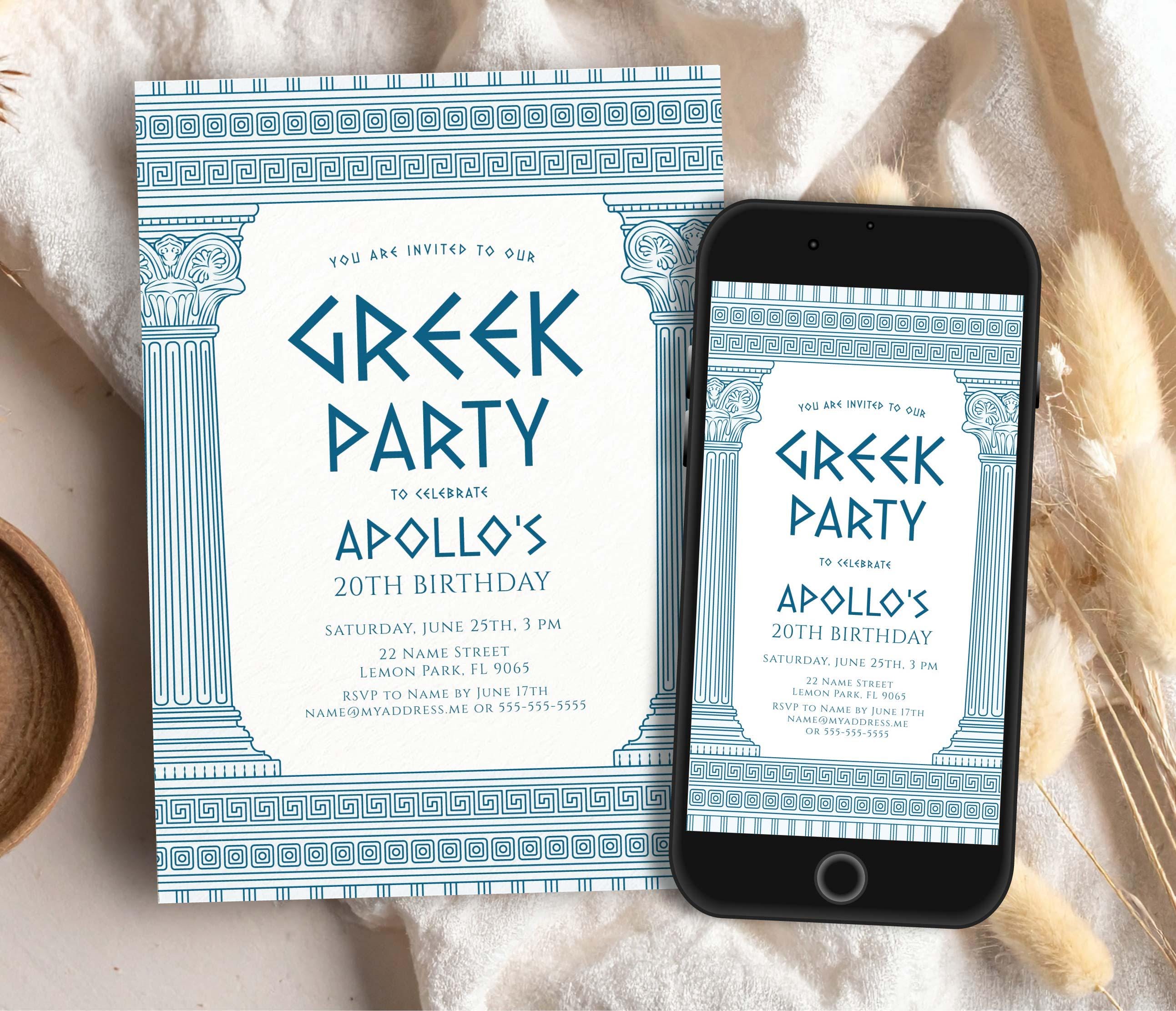 Greek Party: 5x7 Invitation Card + Electronic Invite, Editable Template ...