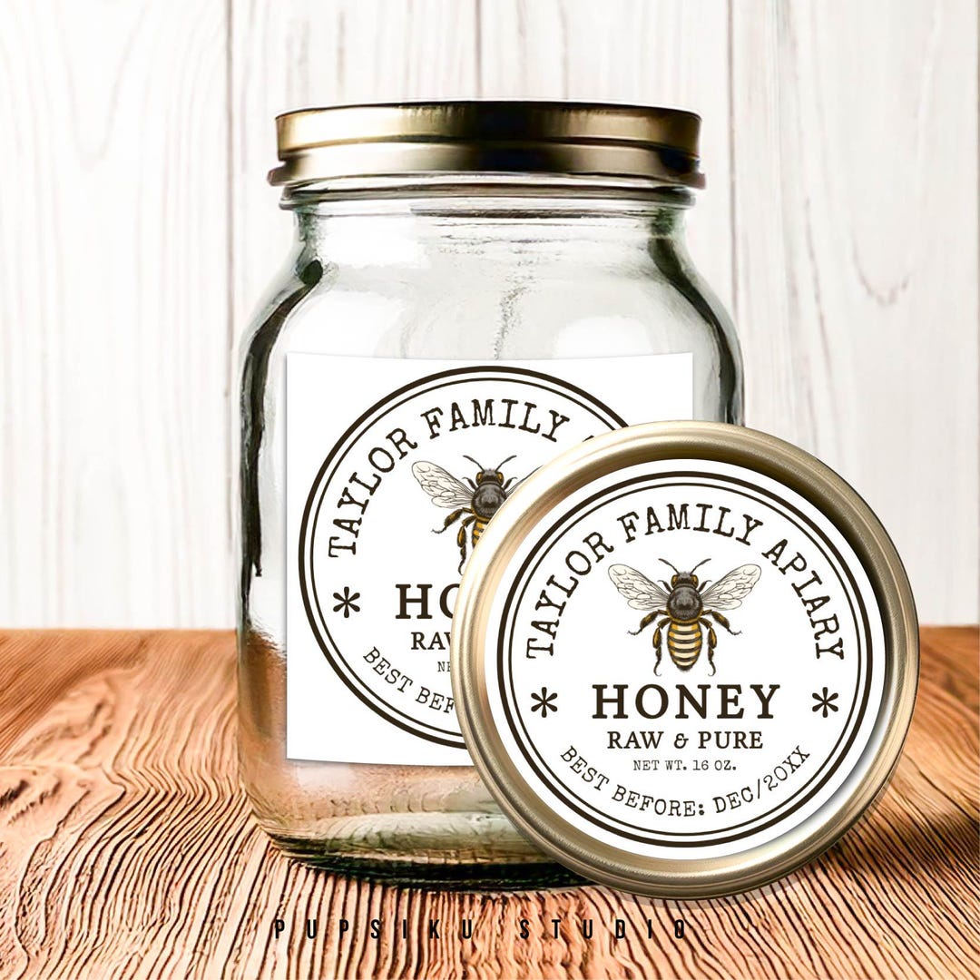 Honey Jar Label With Bee, Editable 2x2 Square or Round Jar Sticker ...