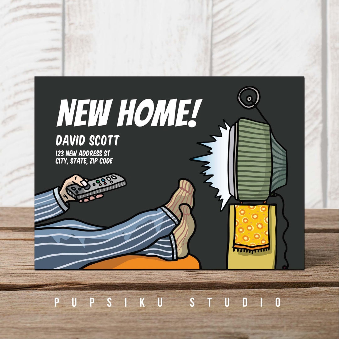 New Address Postcard With Cartoon Person in Pijamas Watching a Retro TV ...