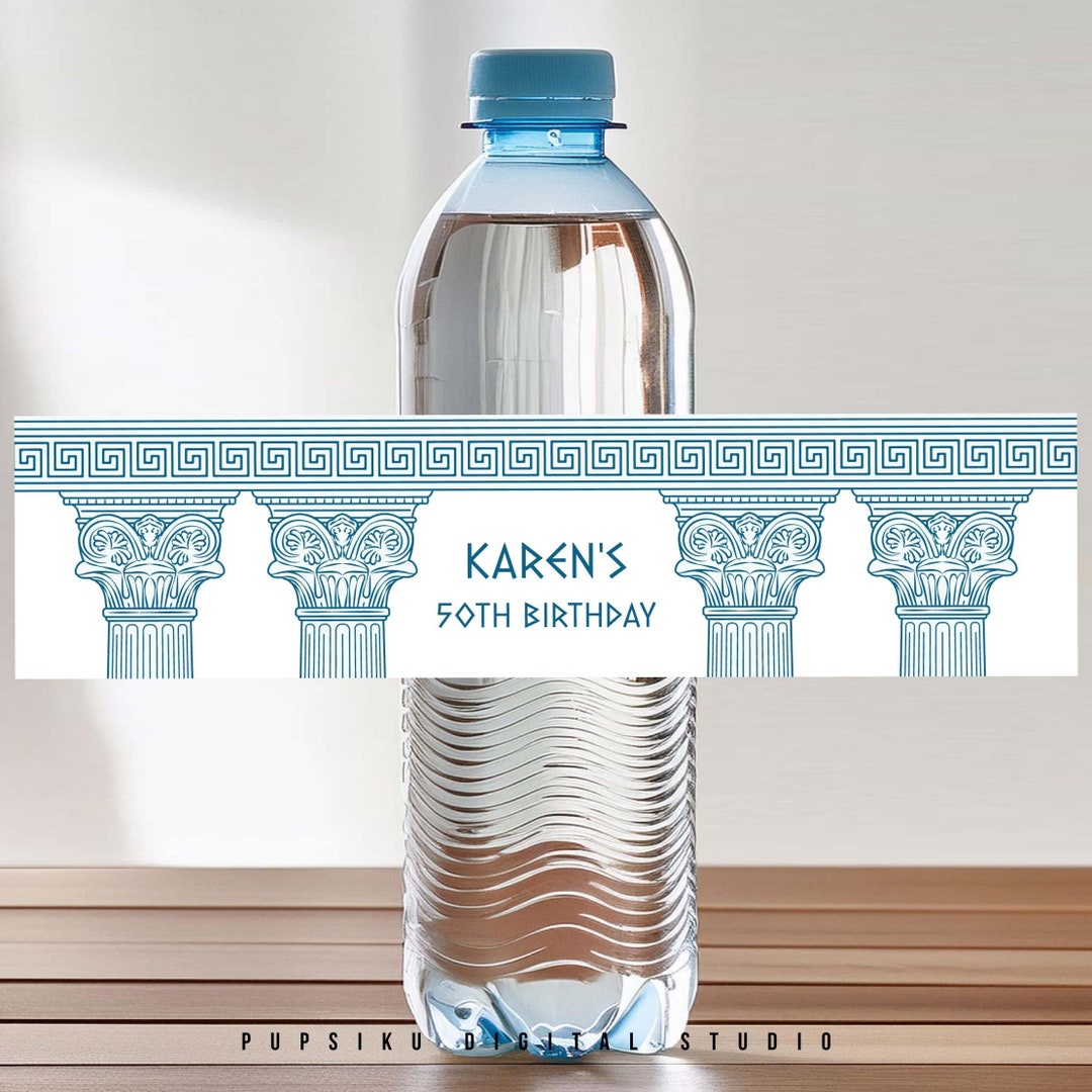 Water Bottle Label With Temple, CUSTOM COLORS Greek Party, Editable ...
