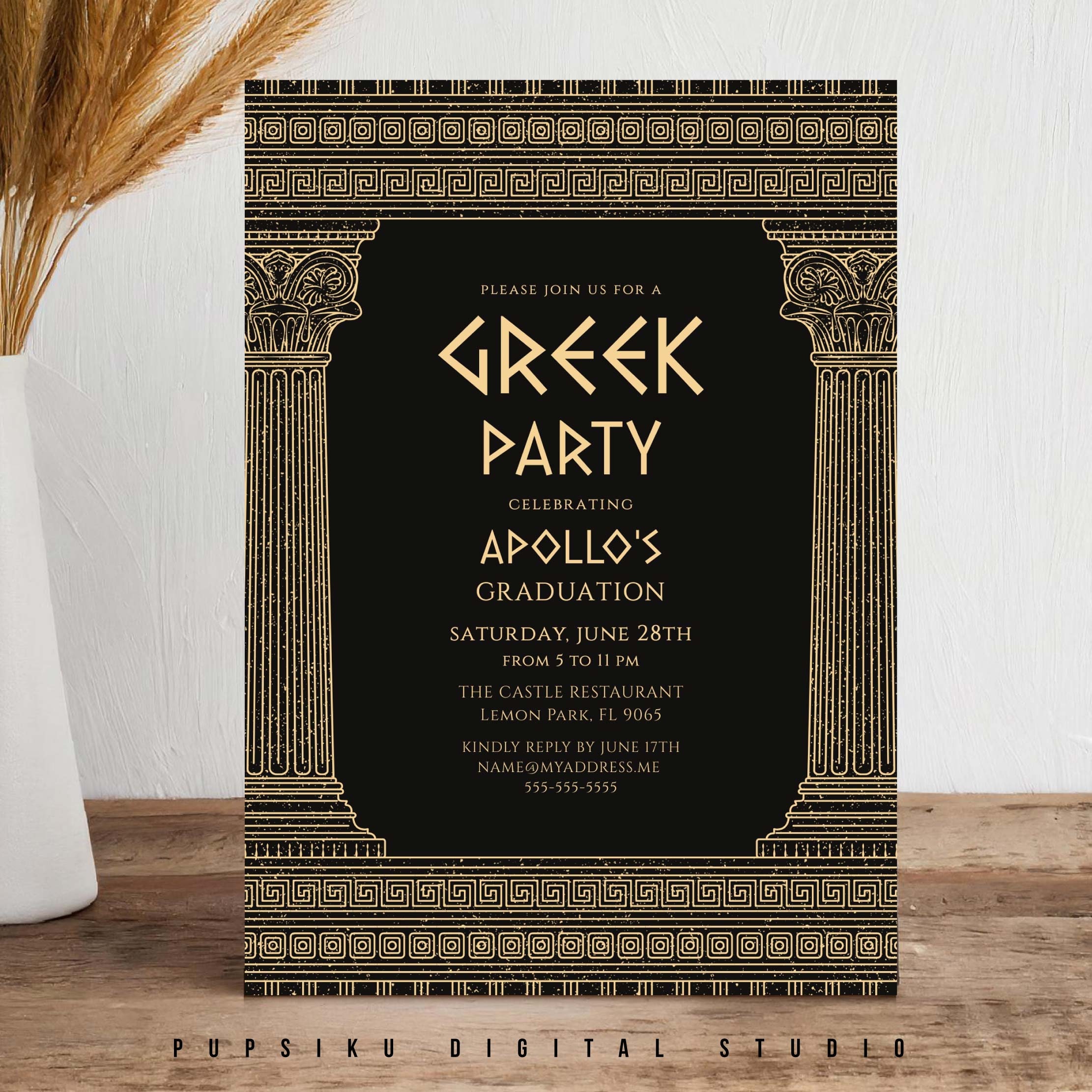 Greek Party Invitation With Dark Background, CUSTOMISE ALL COLORS ...