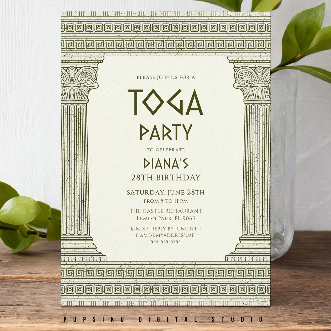 Toga Party Invitation: Custom Colors, Ancient Greek Columns (corjl ...