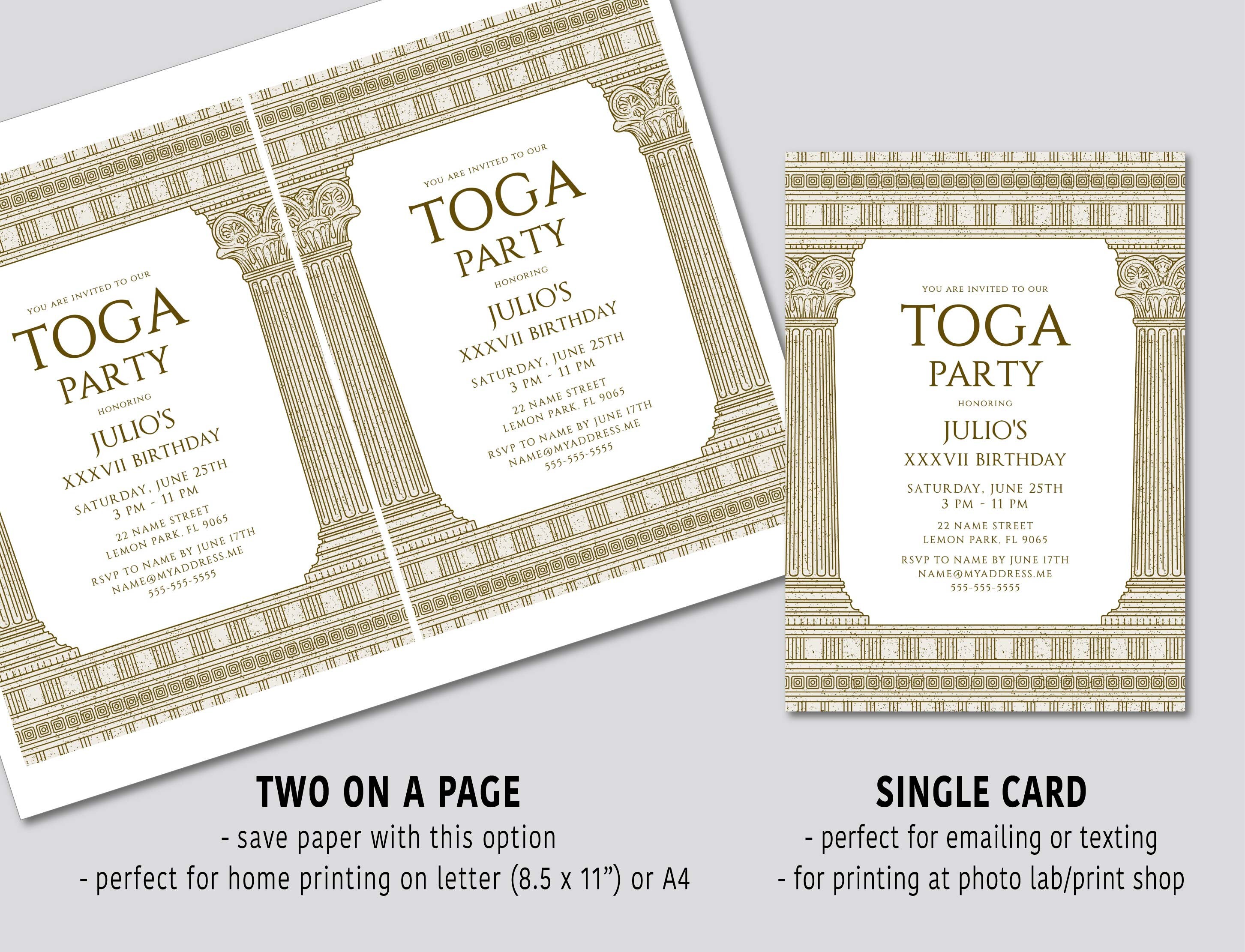 Toga Party Invitation, 5x7 Editable Card With Greek Temple for a ...