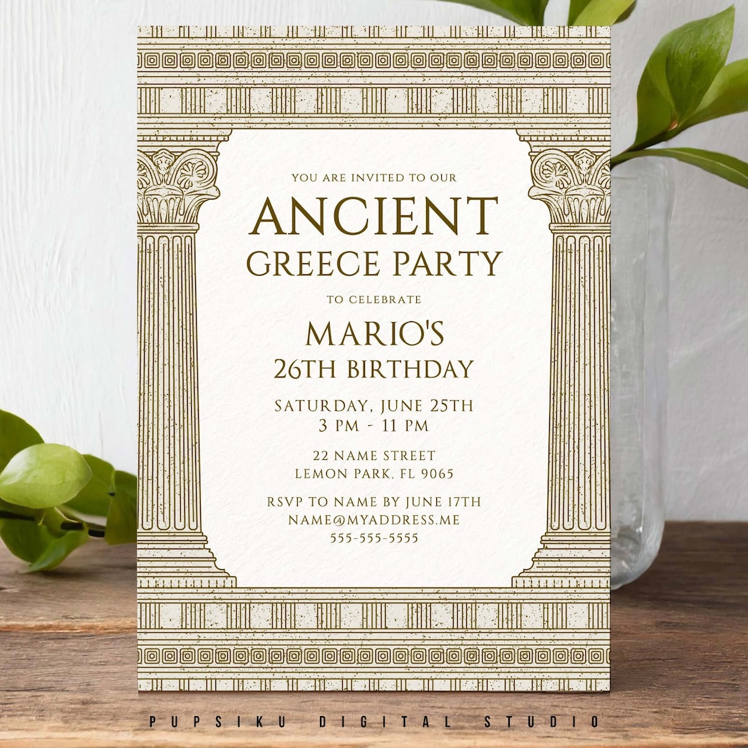 Ancient Greece Birthday Party Invitation: Editable Temple Columns ...
