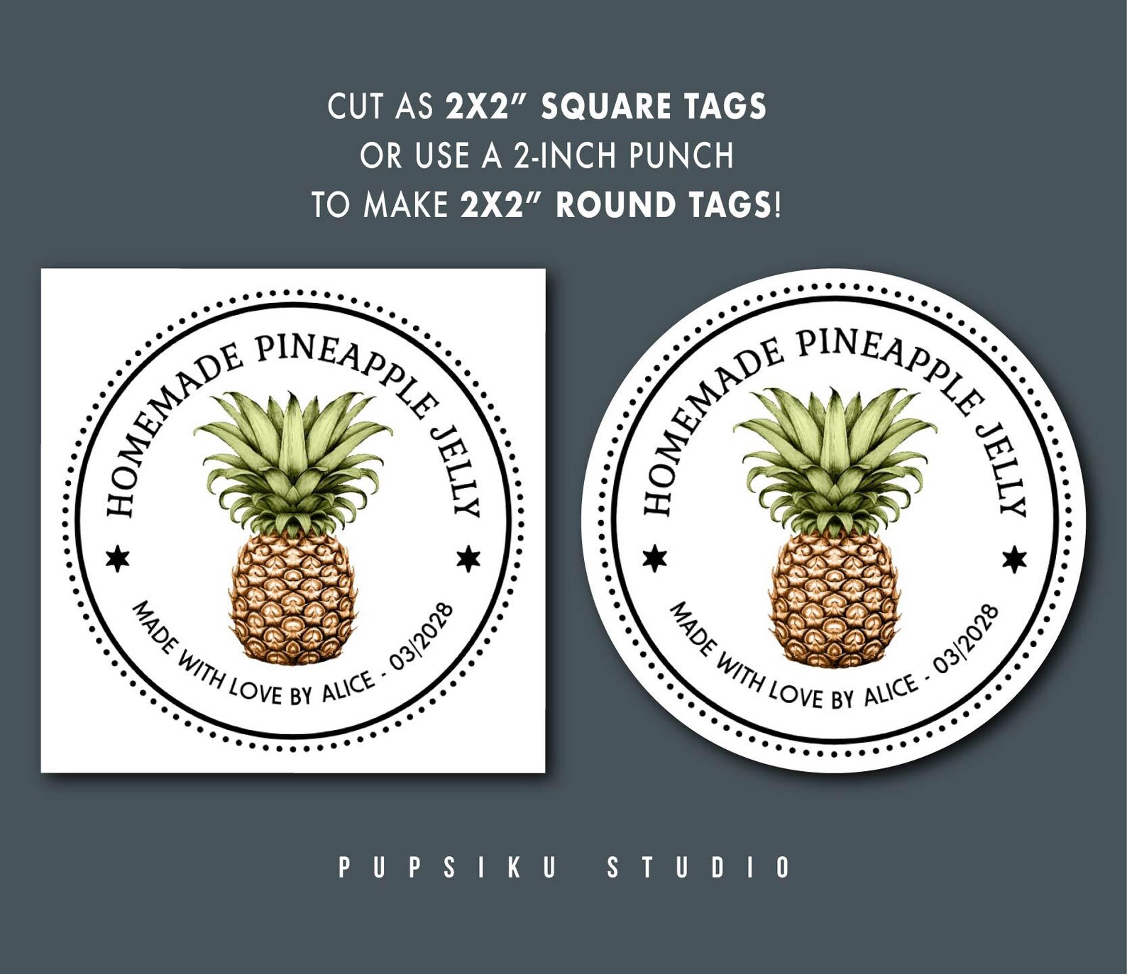 Pineapple Canning Label With Custom Text, Editable 2"x2" Square or ...