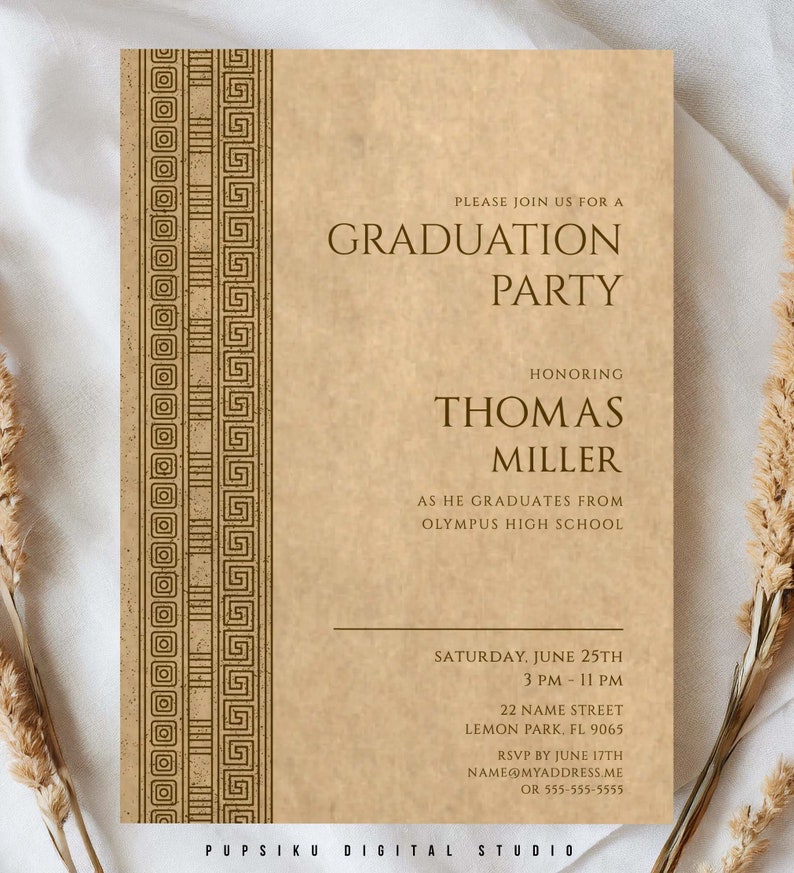 Elegant Graduation Party Invitation With Greek Key, 5x7 Editable Card ...