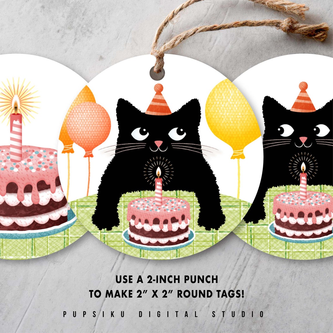Cat Birthday Party PRINTABLE Gift Tags With Cake and Party Balloons ...