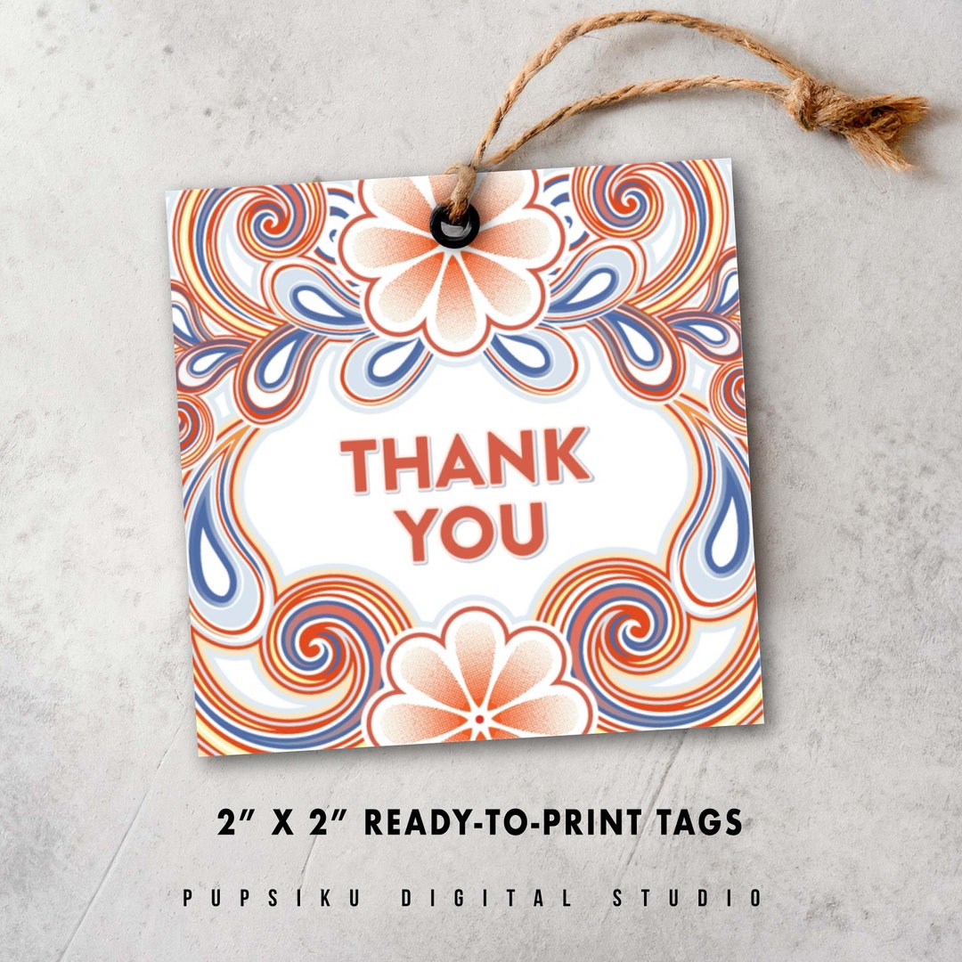 Thank You READY-TO-PRINT Square Tag With Flowers and Swirls, 2x2 Boho ...