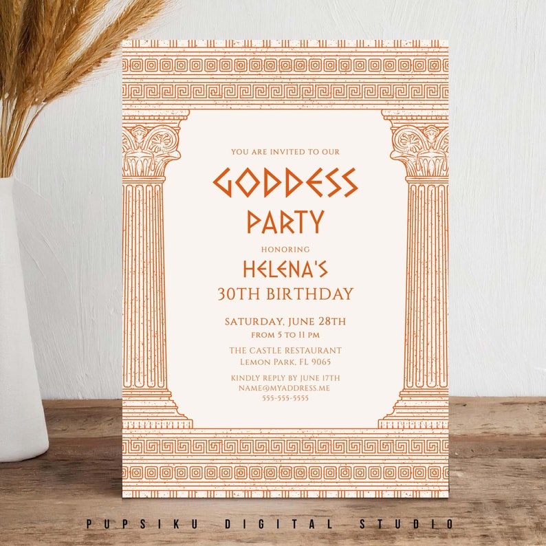Goddess Party CUSTOM COLORS Invitation, 5x7 Editable Card, Temple ...