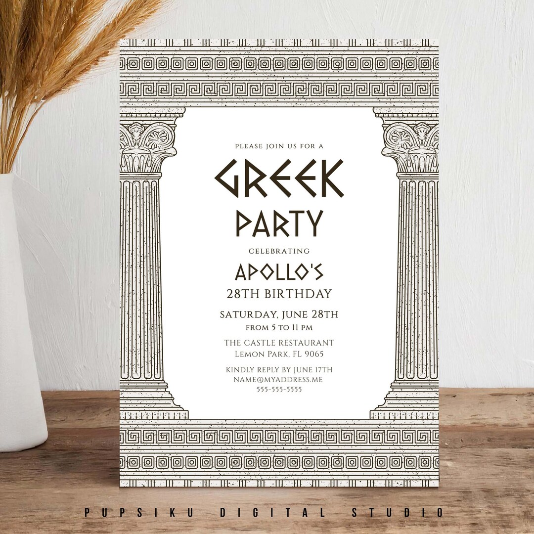 CUSTOM COLORS Greek Party Invitation, 5x7 Editable Card With Elegant ...