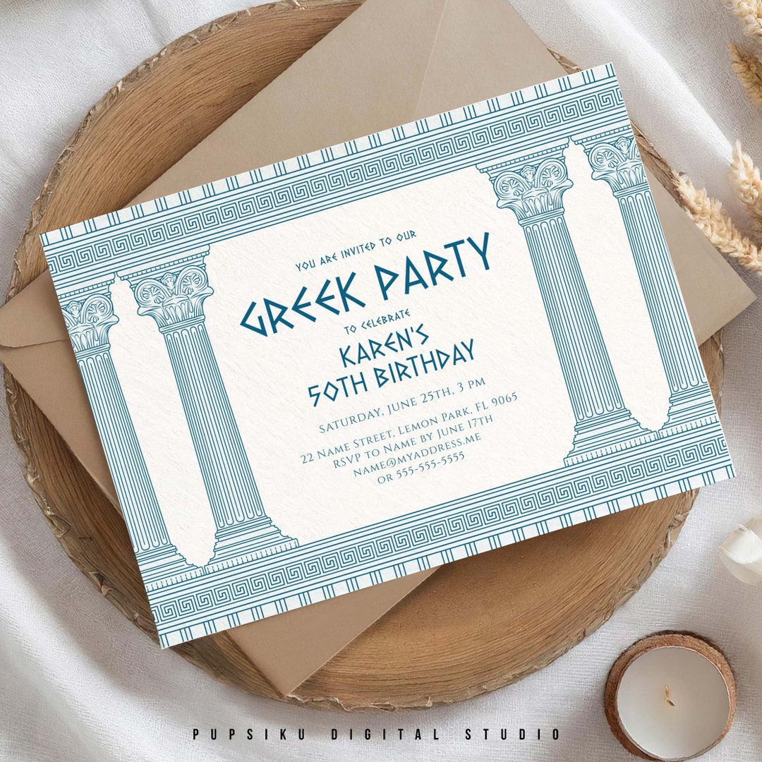 CUSTOM COLORS Greek Party Invitation, 7x5 Editable Card With Temple ...