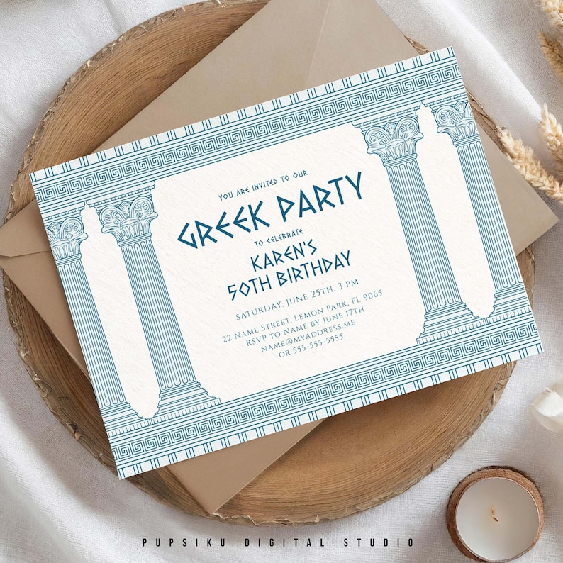 CUSTOM COLORS Greek Party Invitation, 7x5 Editable Card With Temple ...