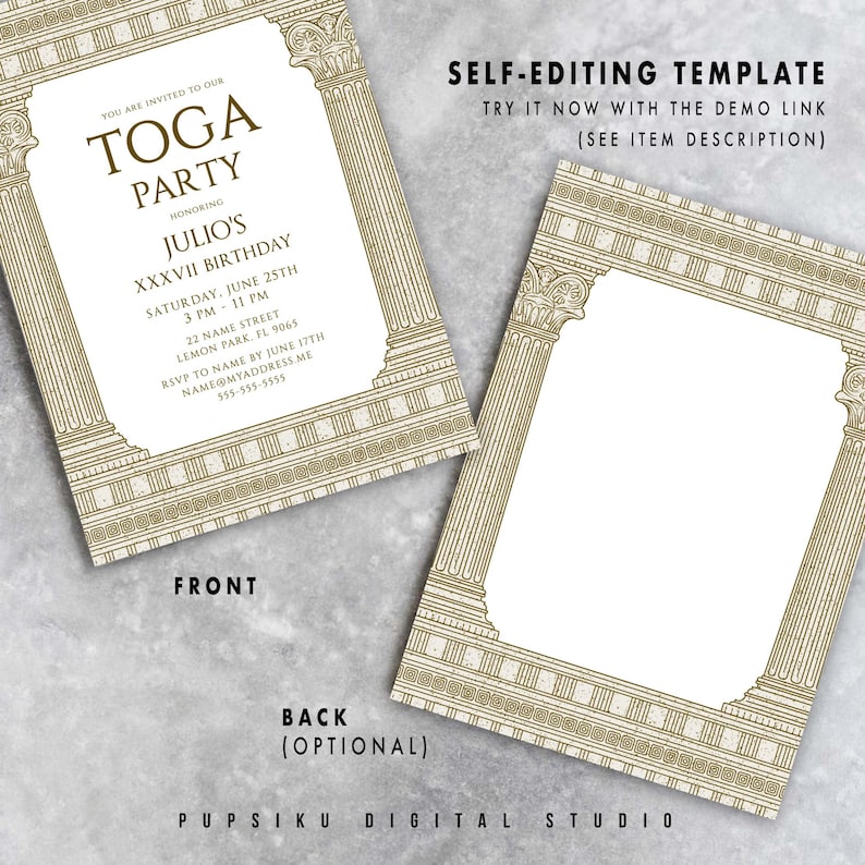 Toga Party Invitation, 5x7 Editable Card With Greek Temple for a ...